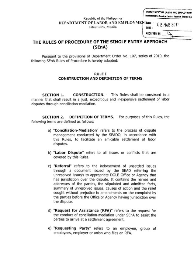 Single Entry Approach (SEnA). Department of Labor and Employment (DOL…