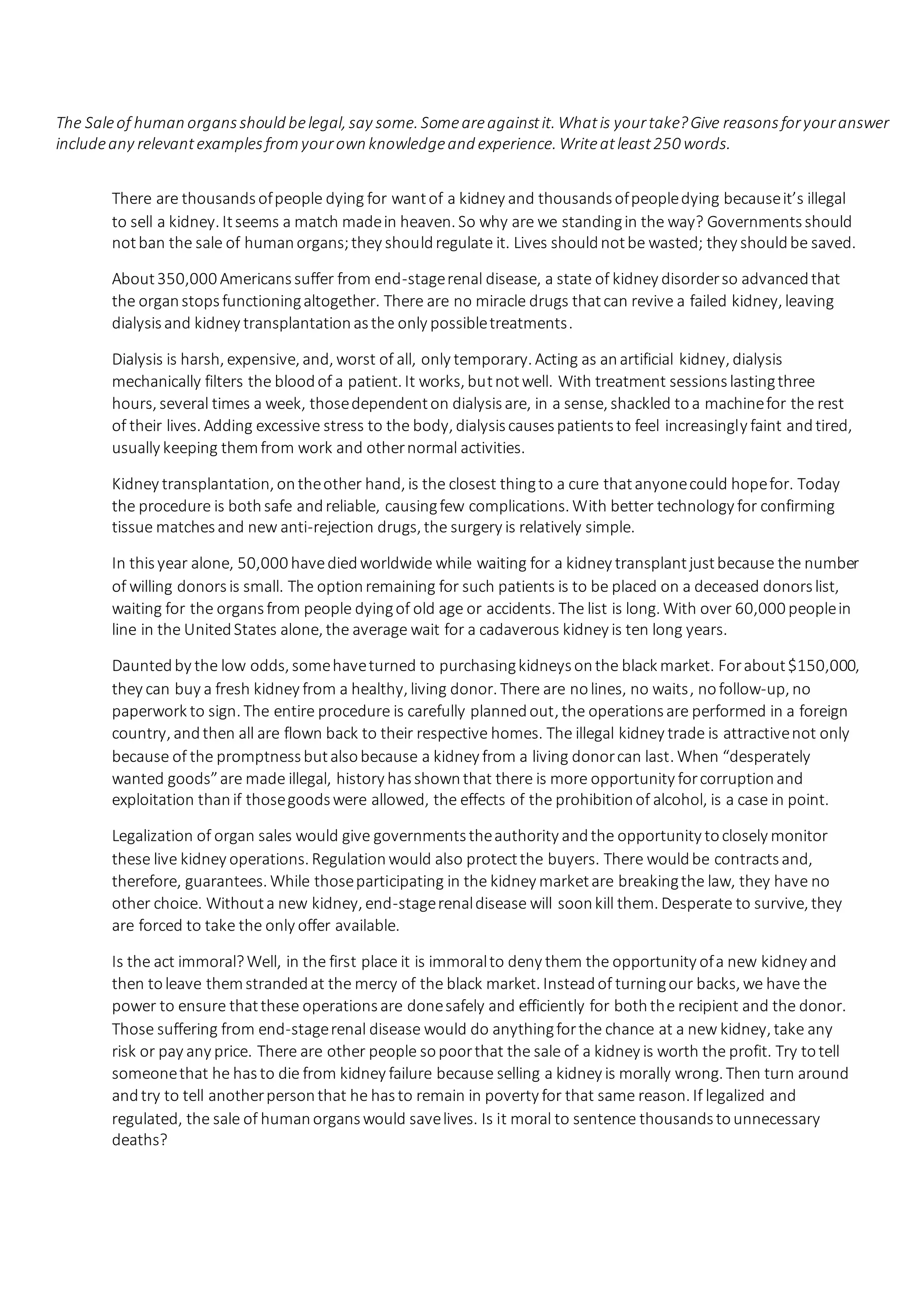 The sale of human organs should be legal | DOCX