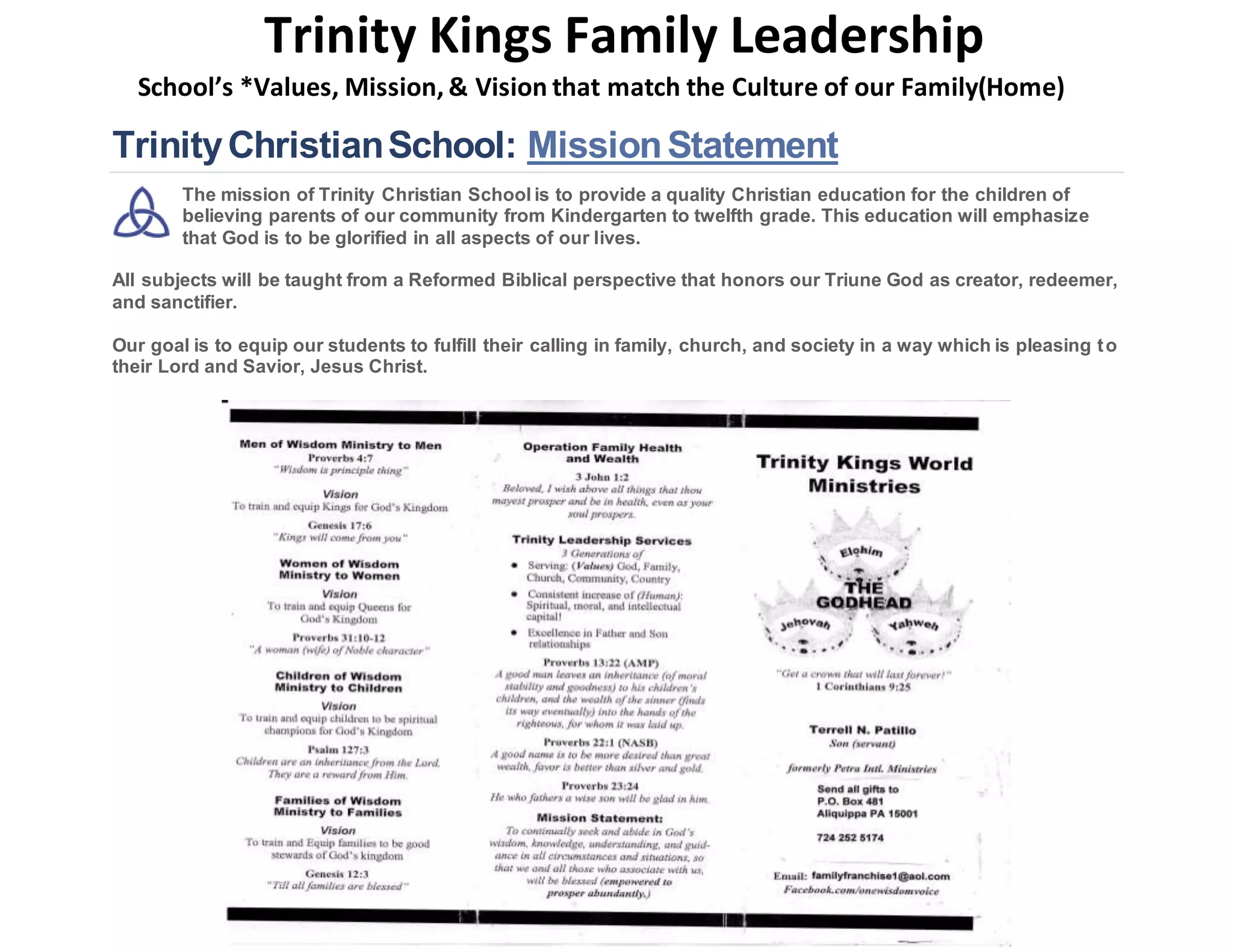 Trinity Kings Family Leadership: School's *Values, Mission, & Vision ...