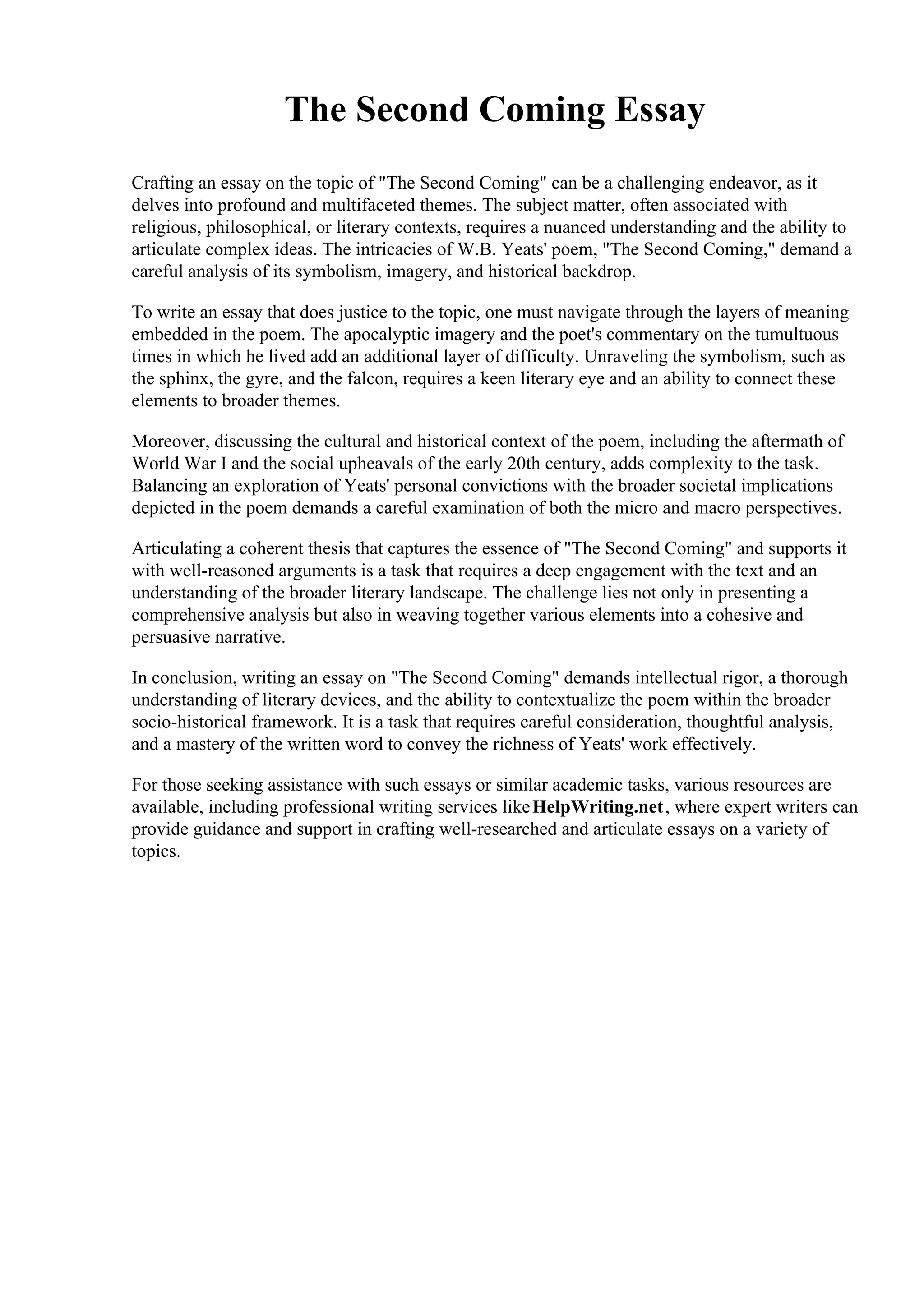 The Second Coming Essay. Merritt College | PDF