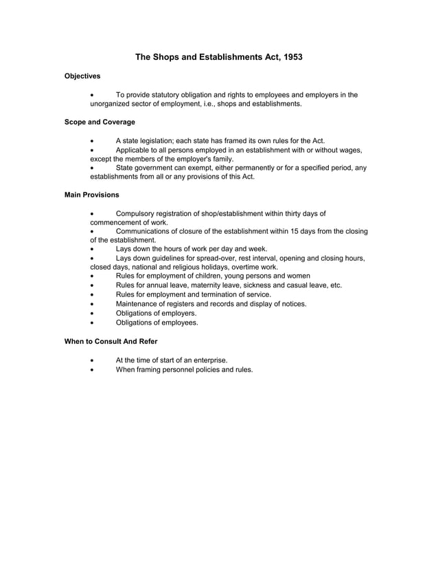 The shops and establishments act | DOC
