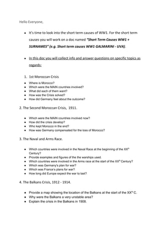 The Short Term Causes of WW1 | PDF