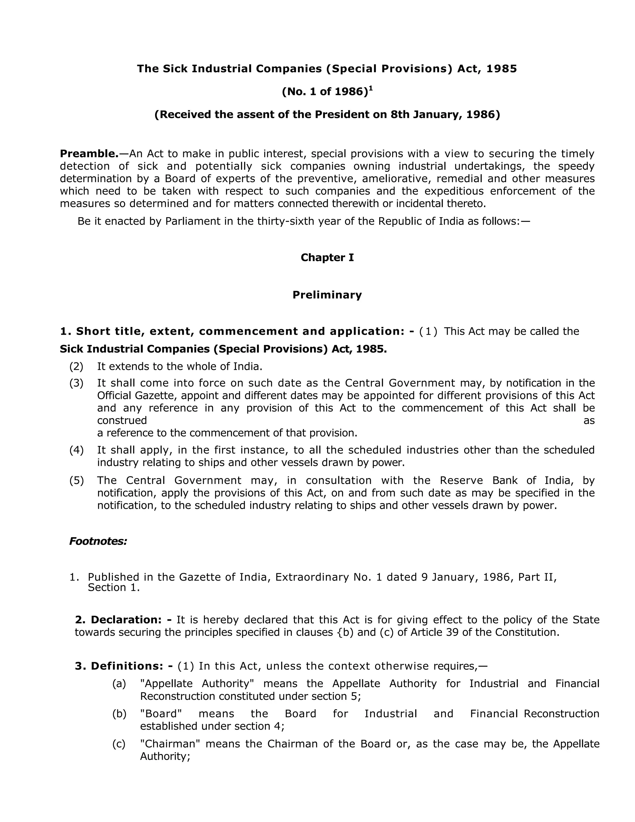 The sick industrial companies (special provisions) act, 1985 (no. 1 of ...