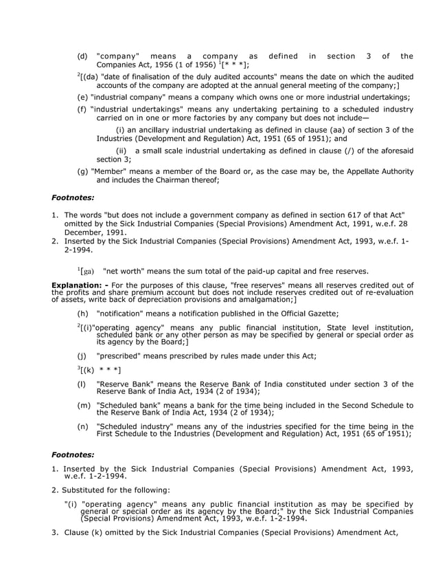The sick industrial companies (special provisions) act, 1985 (no. 1 of ...