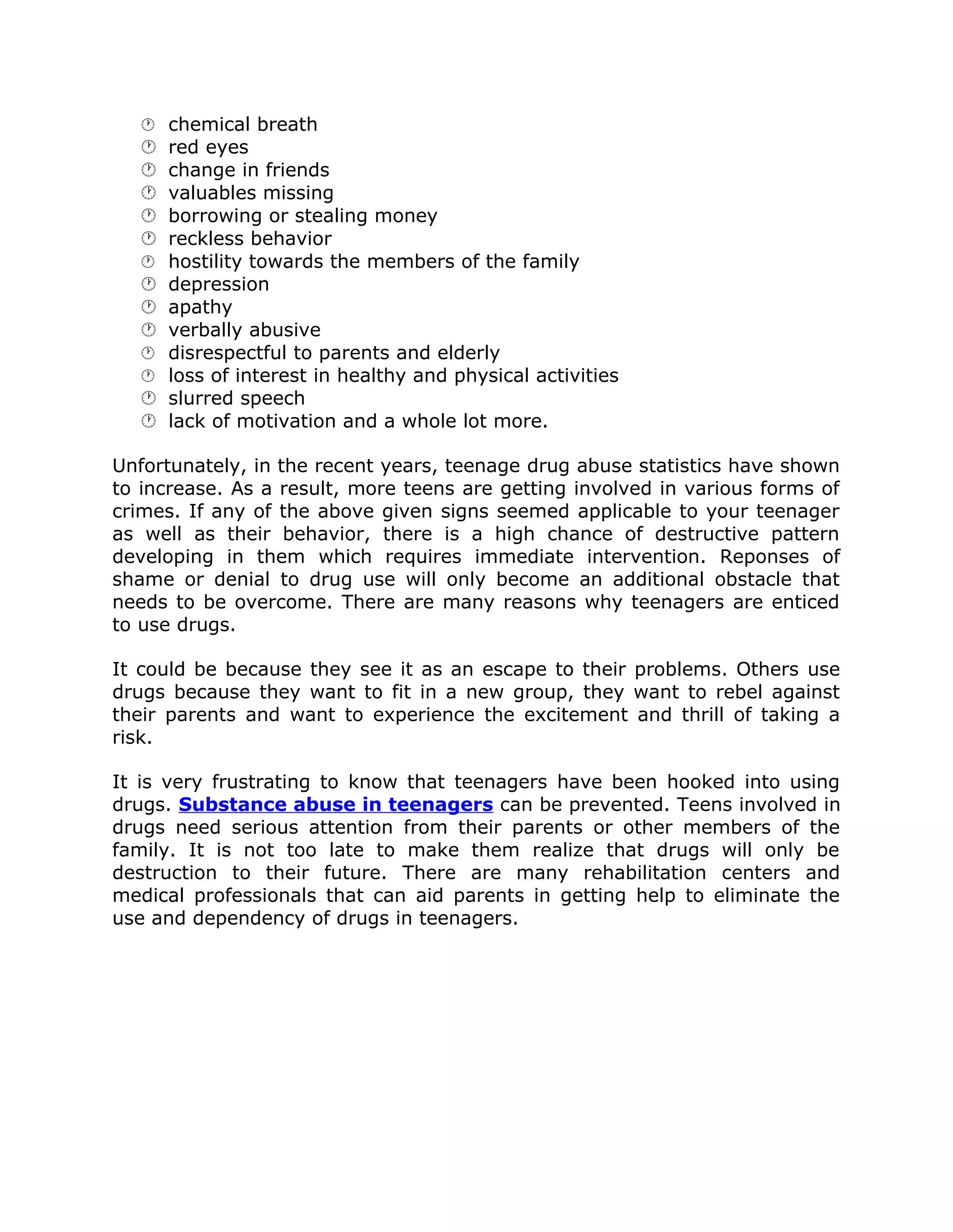 The Signs of Substance Abuse in Teenagers | PDF