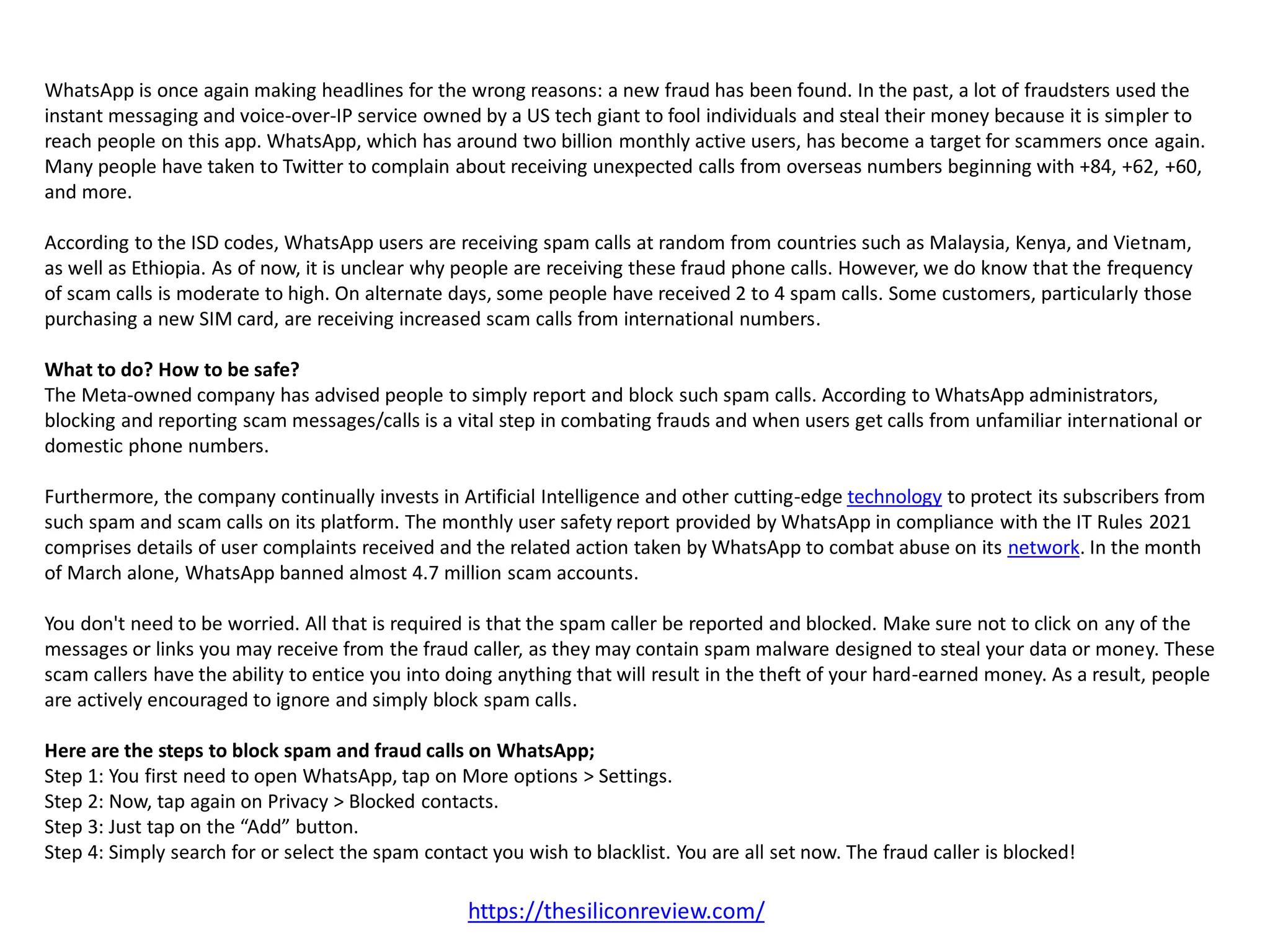 WhatsApp responds to international spam and fraud calls | PDF