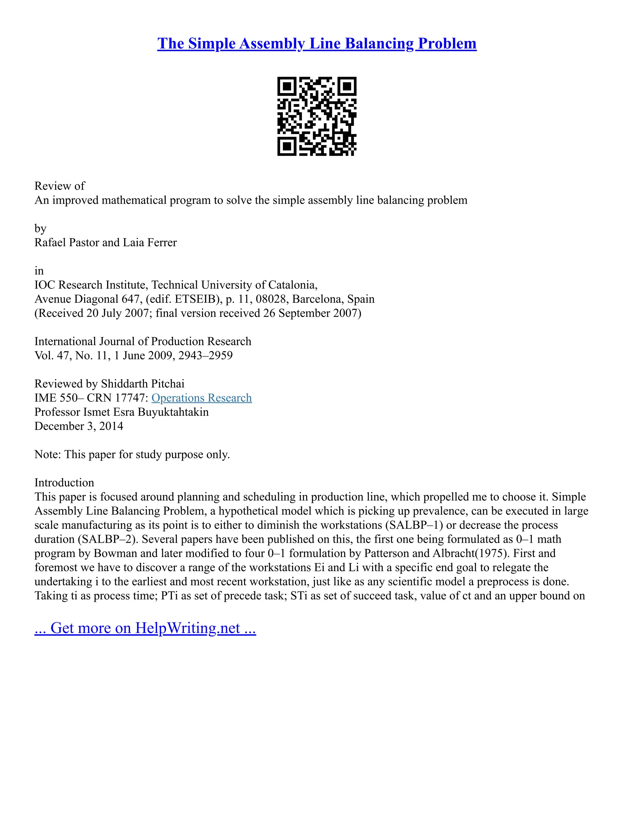 The Simple Assembly Line Balancing Problem | PDF