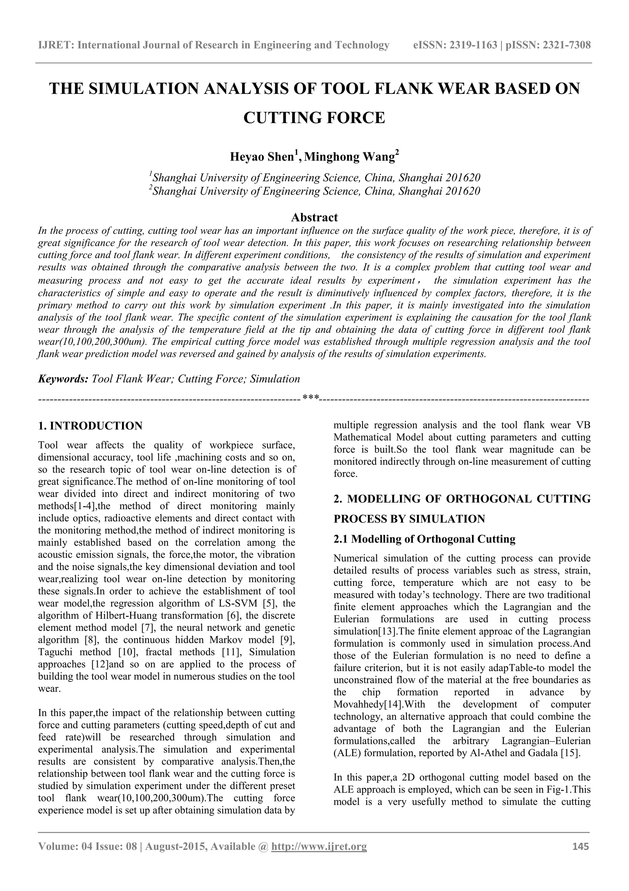 The Simulation Analysis Of Tool Flank Wear Based On Cutting Force Pdf
