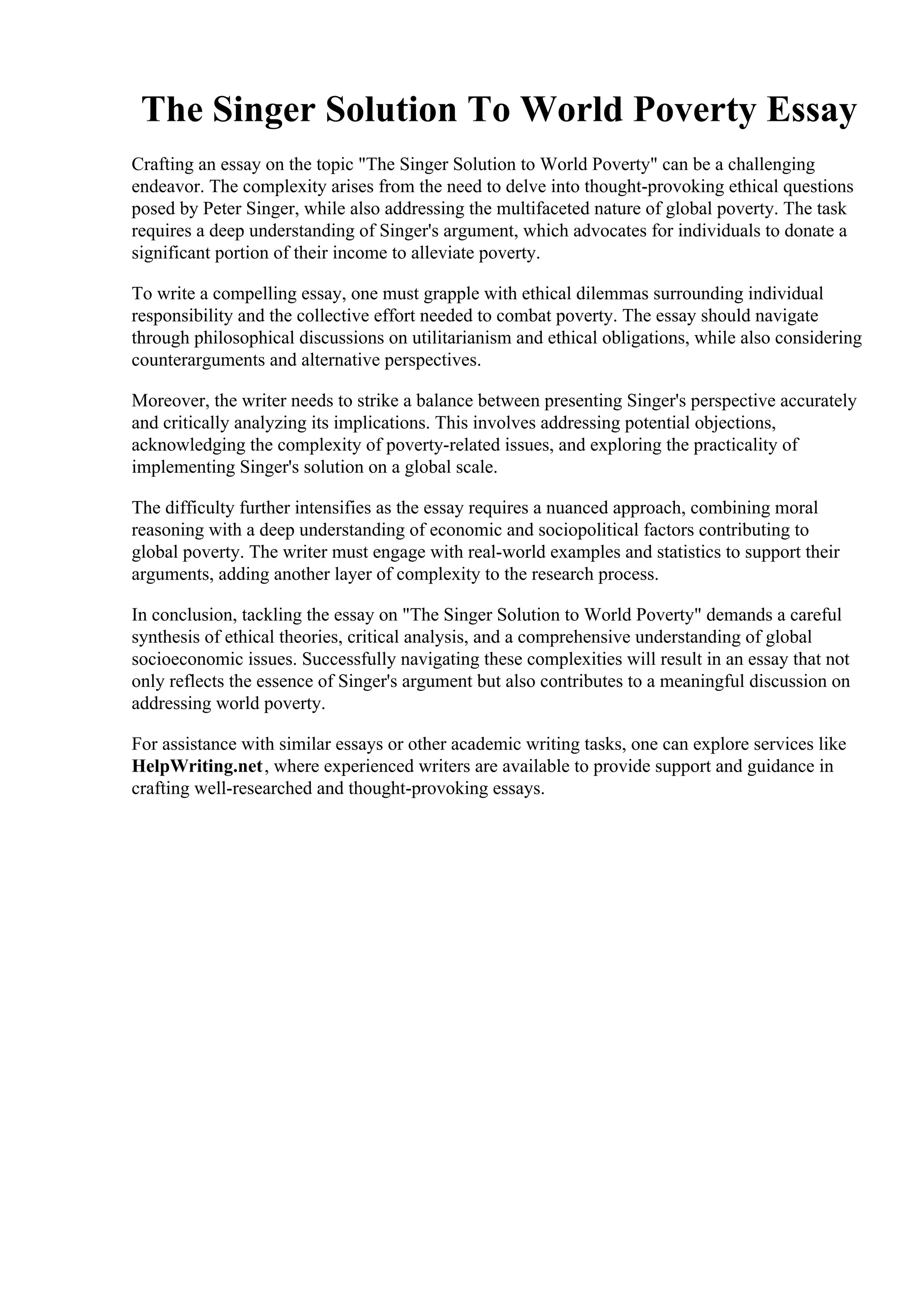 The Singer Solution To World Poverty Essay | PDF