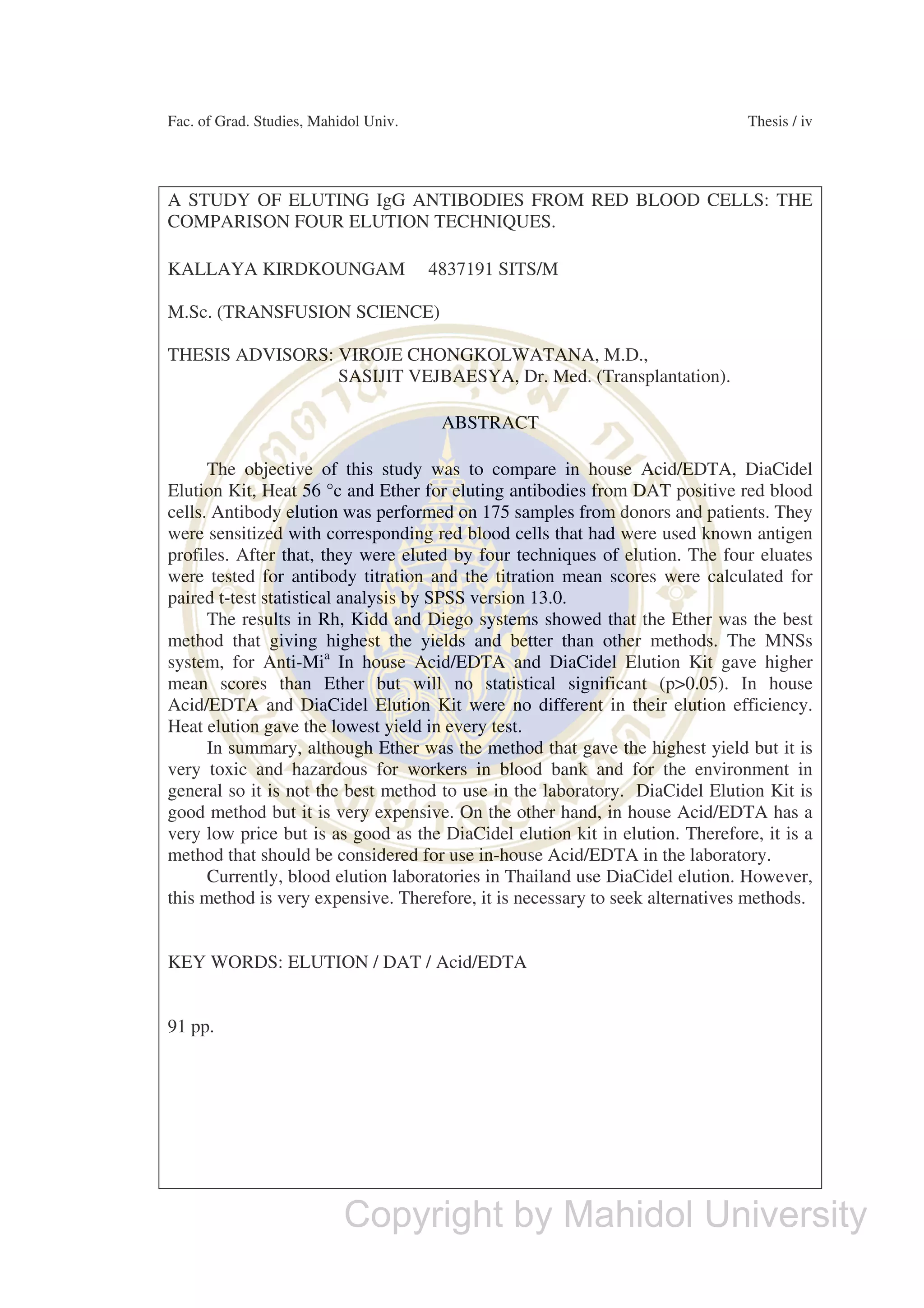 A STUDY OF ELUTING IgG ANTIBODIES FROM RED BLOOD CELLS: THE | PDF