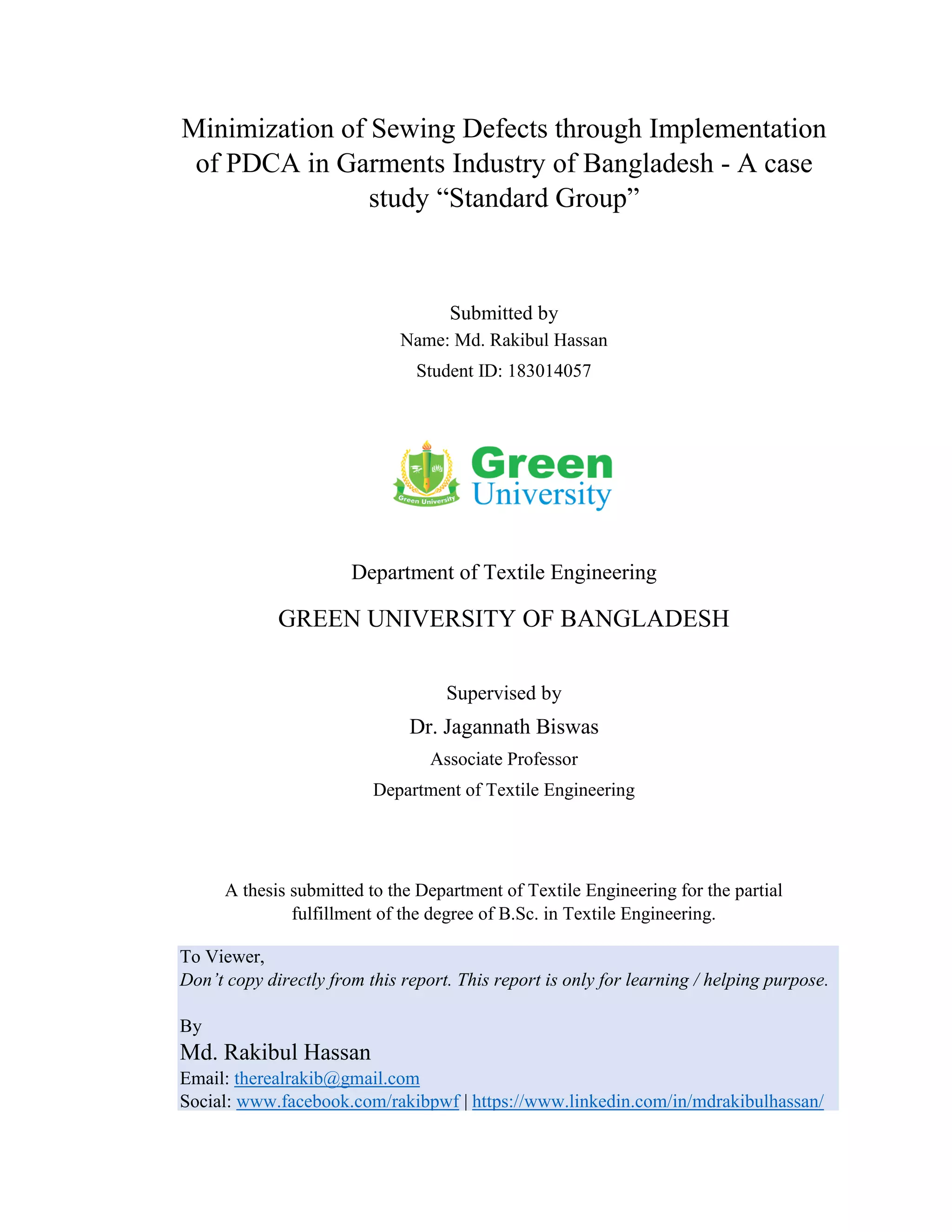 Thesis Report | Minimization of Sewing Defects through Implementation ...