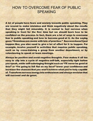 HOW TO OVERCOME FEAR OF PUBLIC SPEAKING | PDF