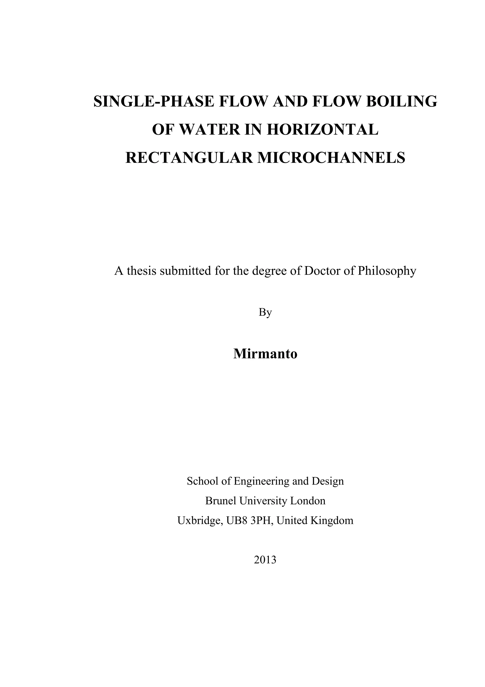 SINGLE-PHASE FLOW AND FLOW BOILING OF WATER IN HORIZONTAL RECTANGULAR MICROCHANNELS | PDF