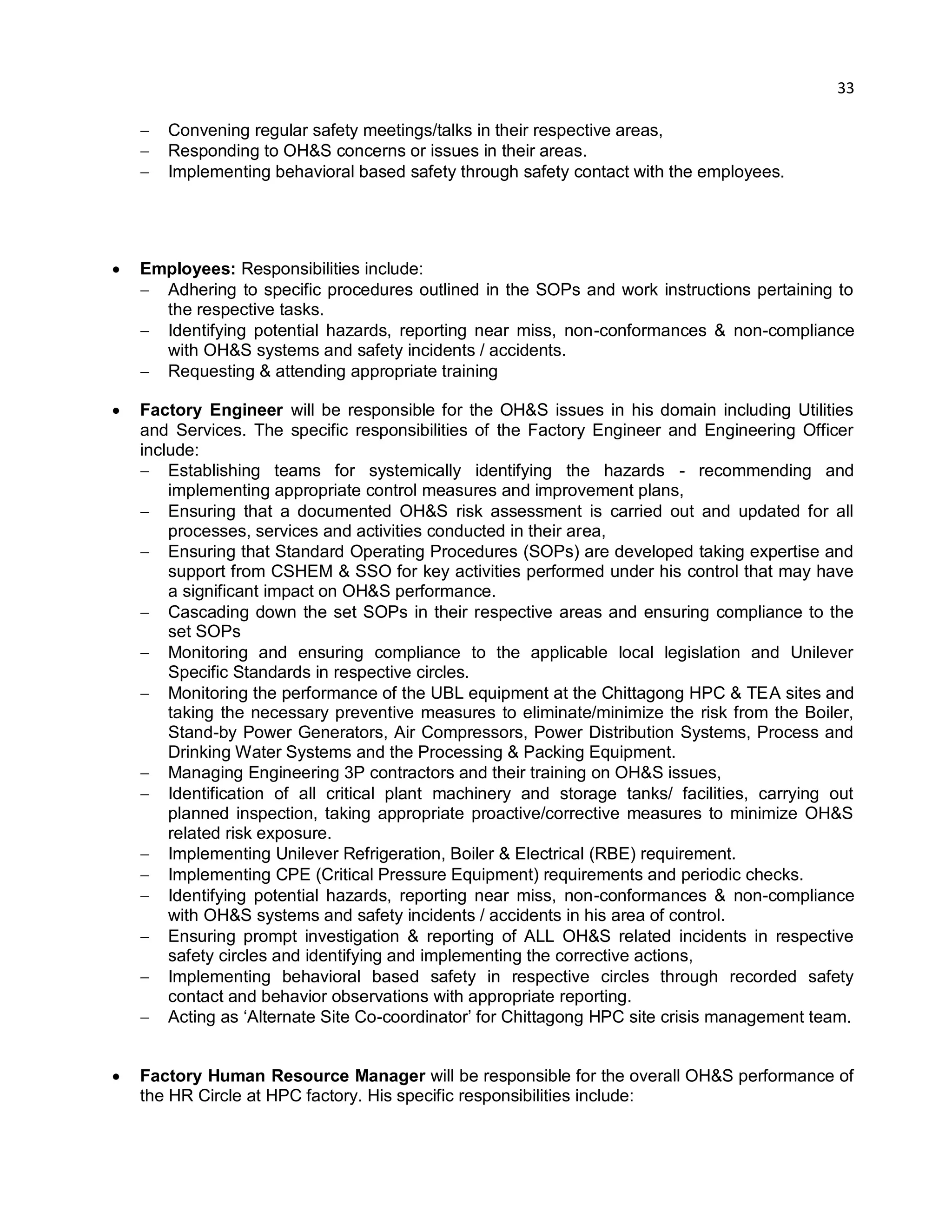 Employee Safety, Health and Environment Functions of Unilever ...