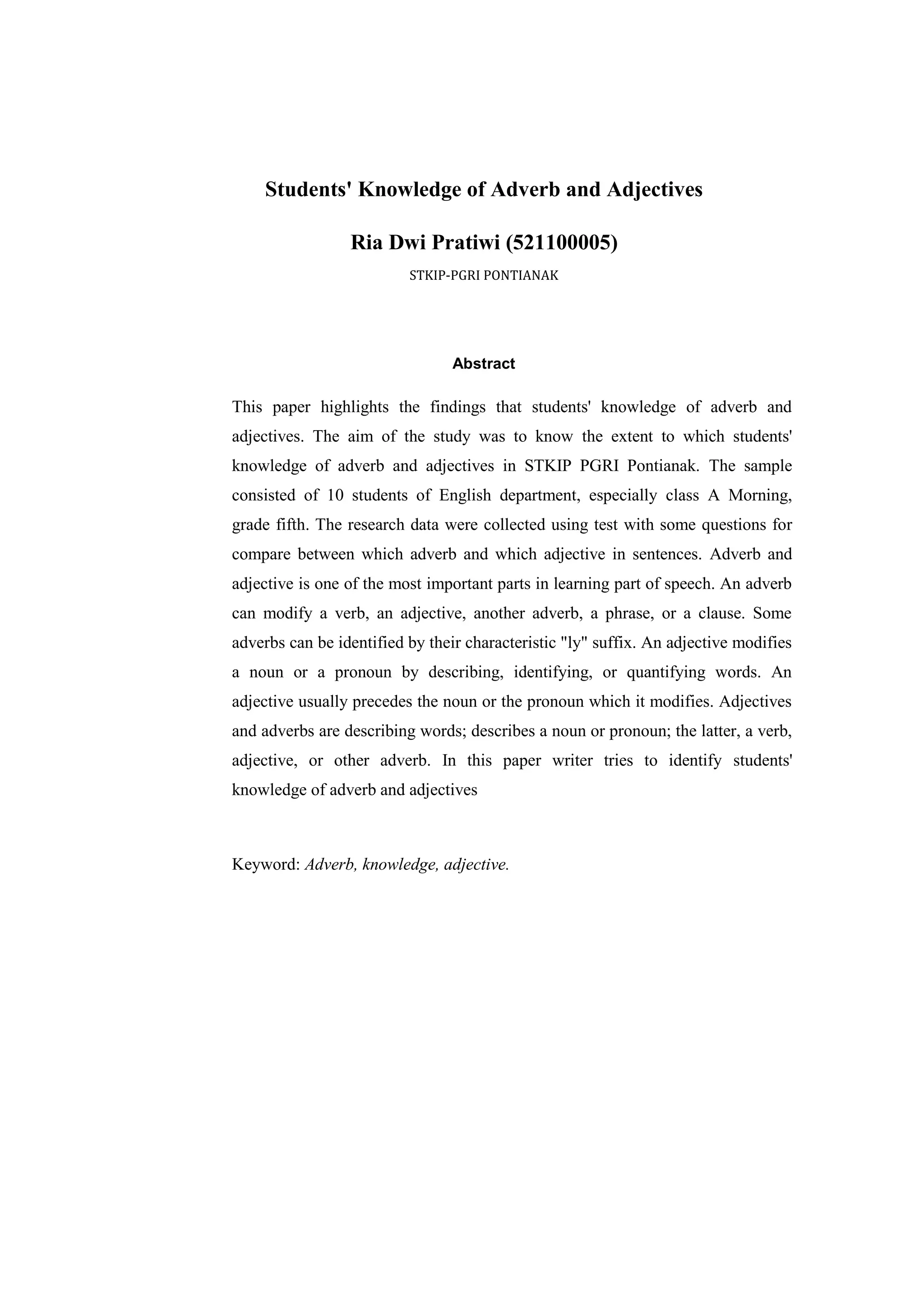 Research proposal (Students' Knowledge of Adverb and Adjectives) | DOCX