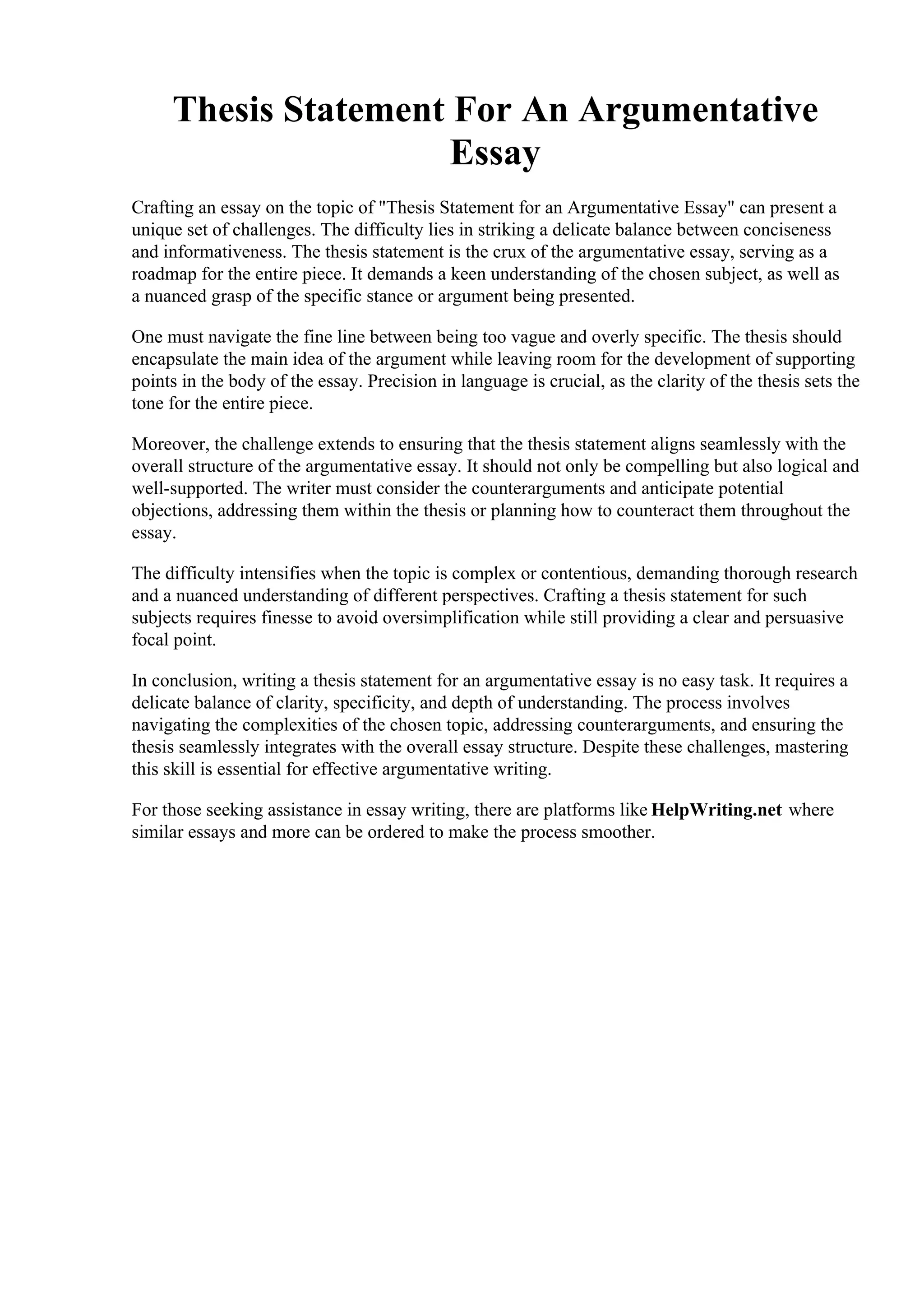 Thesis Statement For An Argumentative Essay | PDF