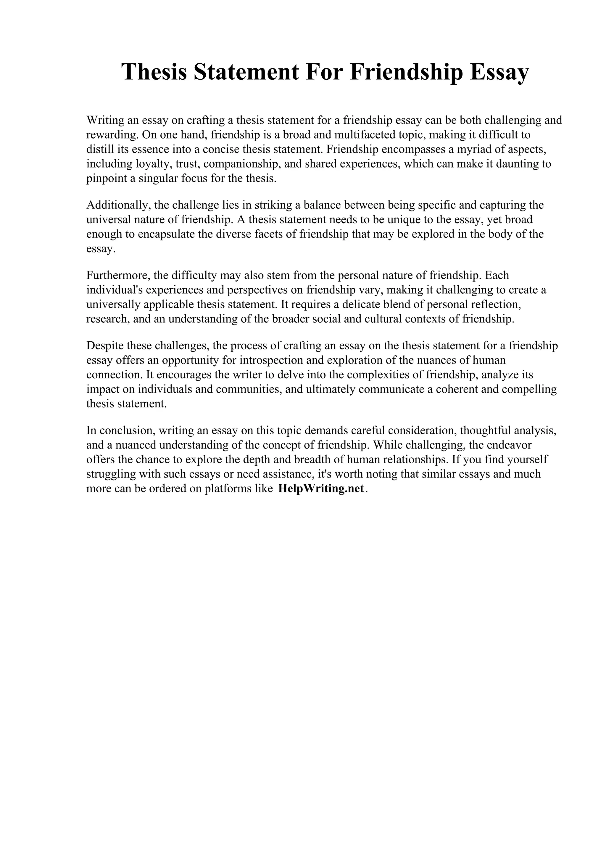 Thesis Statement For Friendship Essay | PDF
