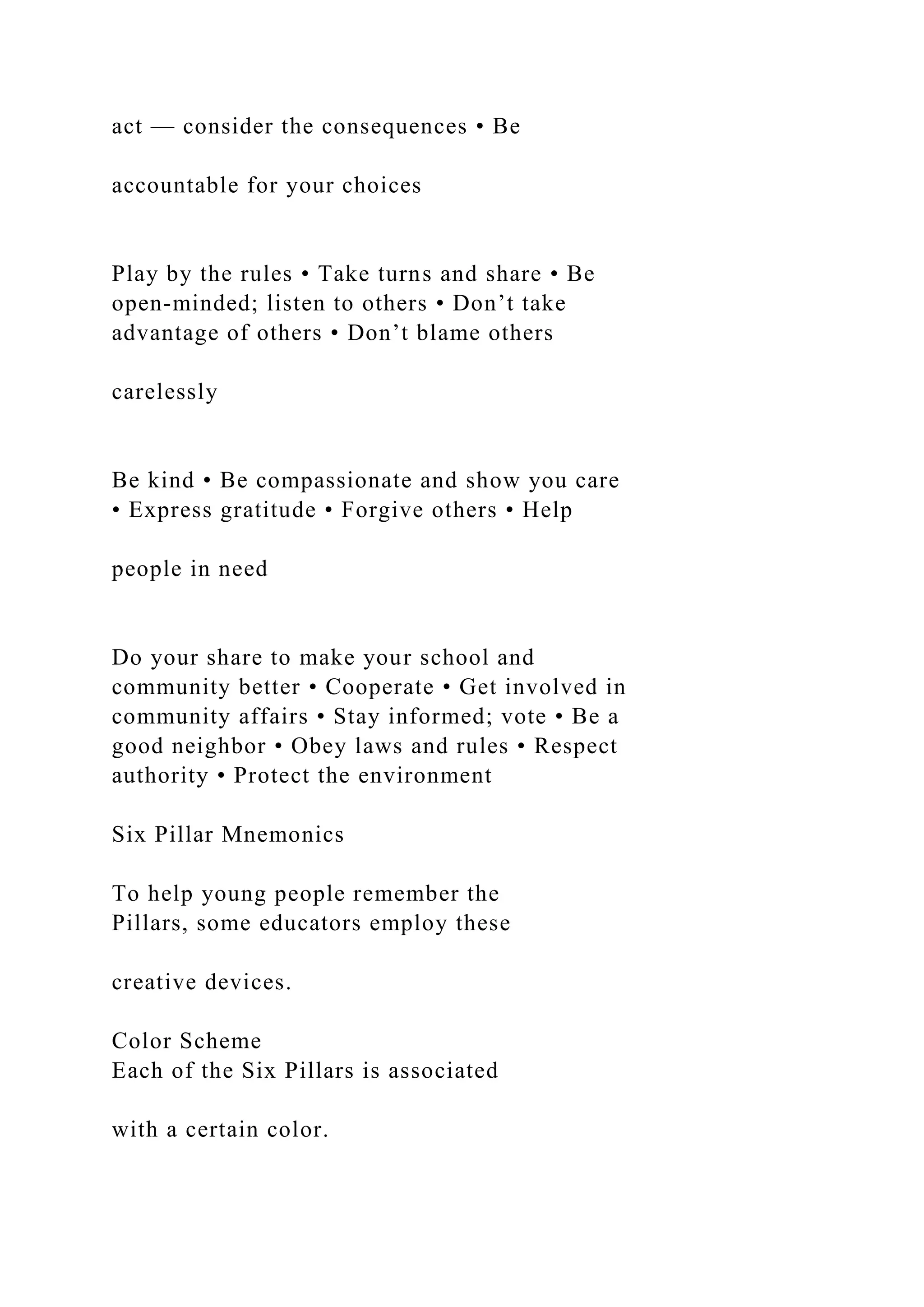 The Six Pillars of Character These six core ethical va.docx