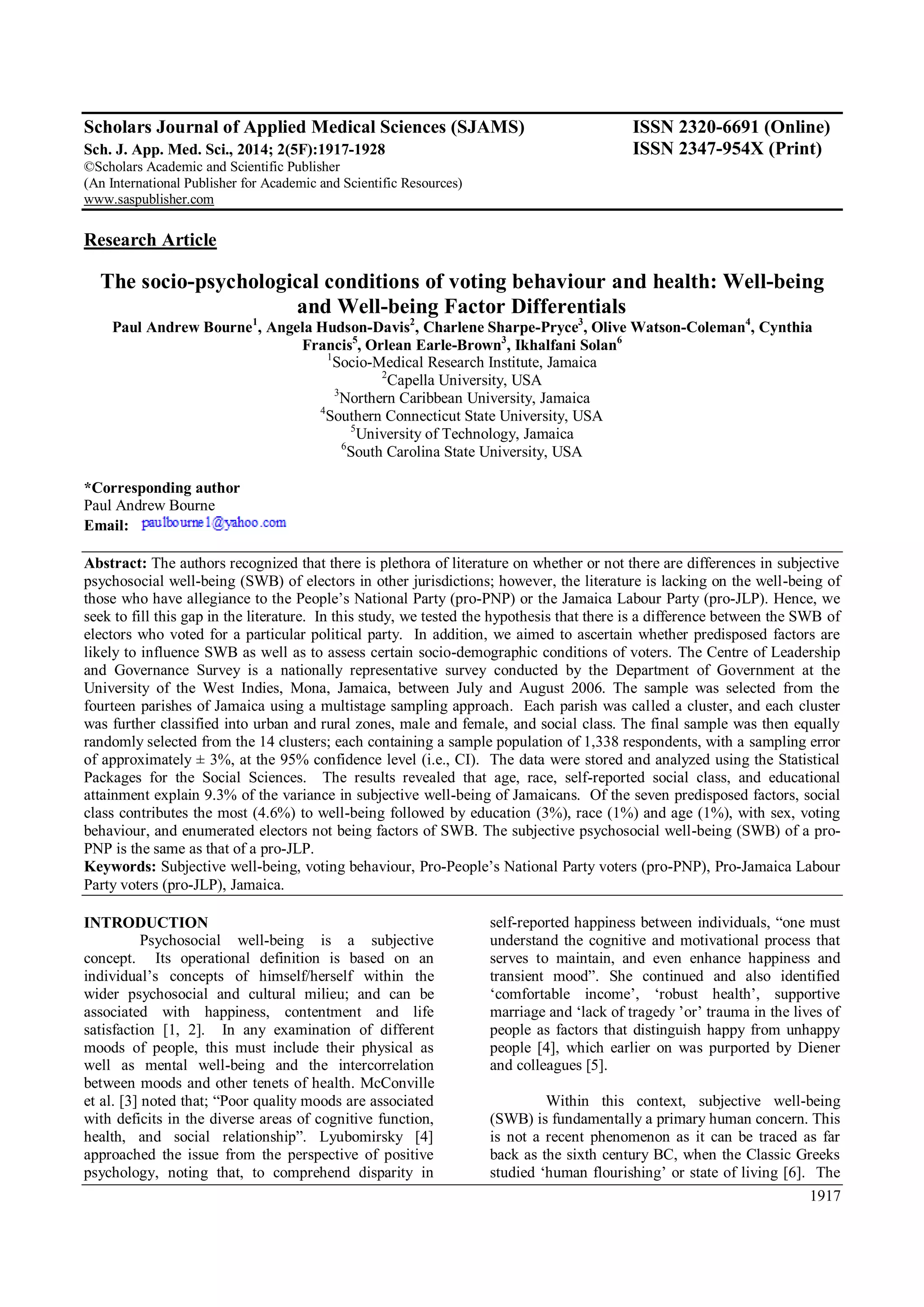 The socio psychological conditions of voting behaviour in Jamaica | PDF
