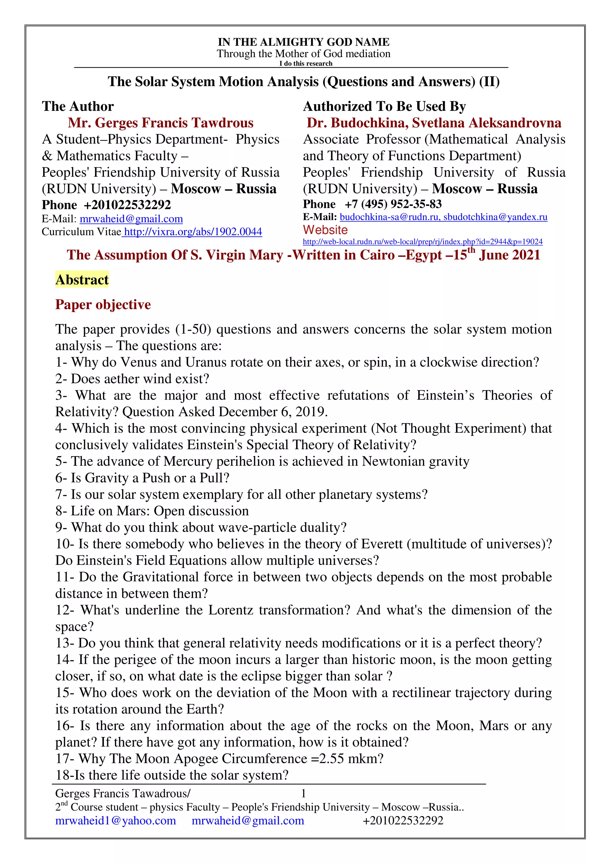 The Solar System Motion Analysis (Questions and Answers) (II) | PDF