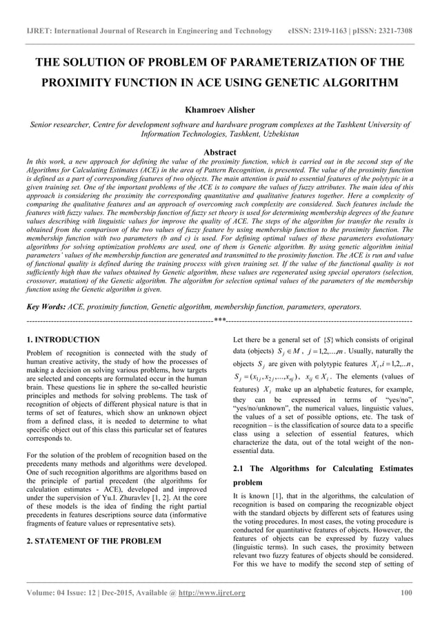 The solution of problem of parameterization of the proximity function in ace using genetic ...