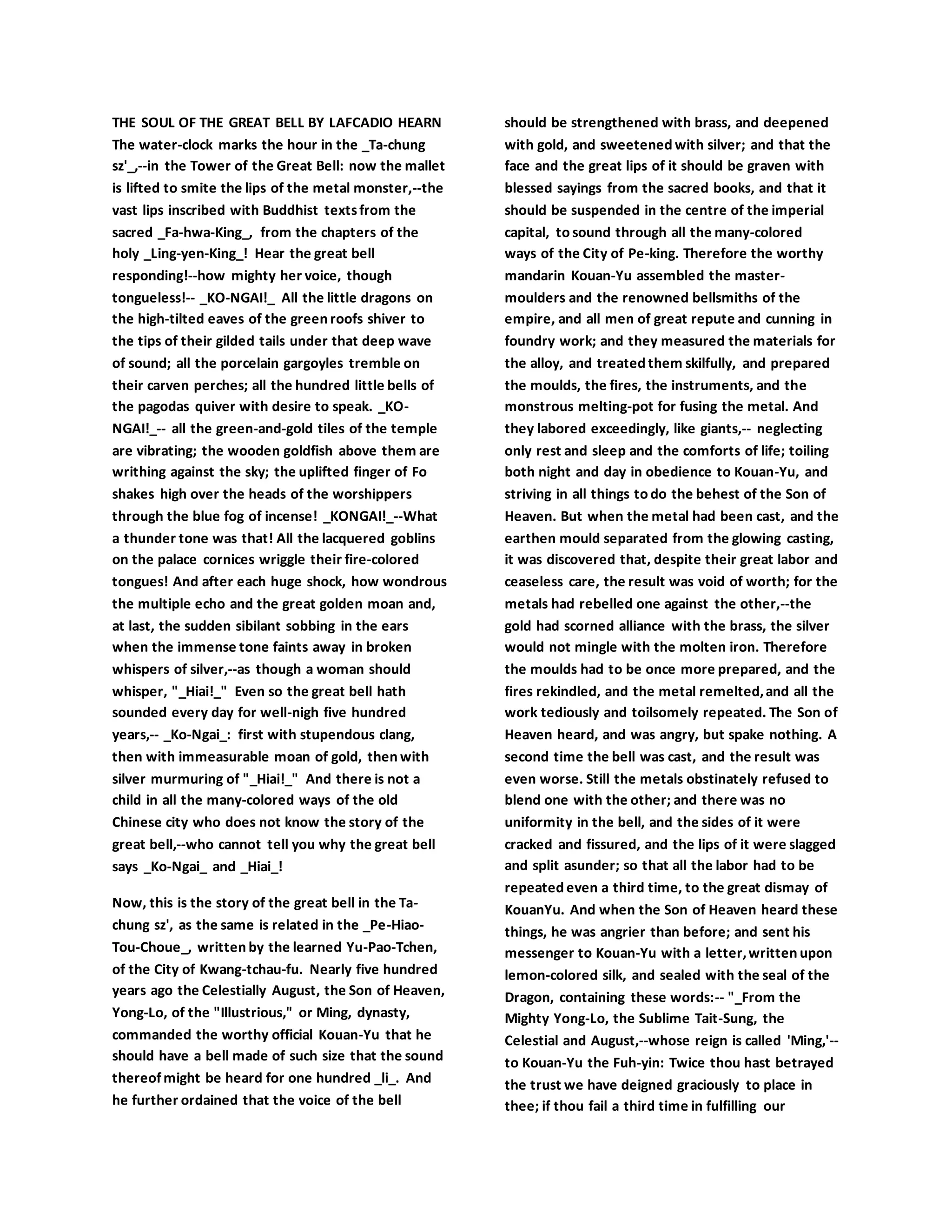 The soul of the great bell by lafcadio hearn the water | DOCX