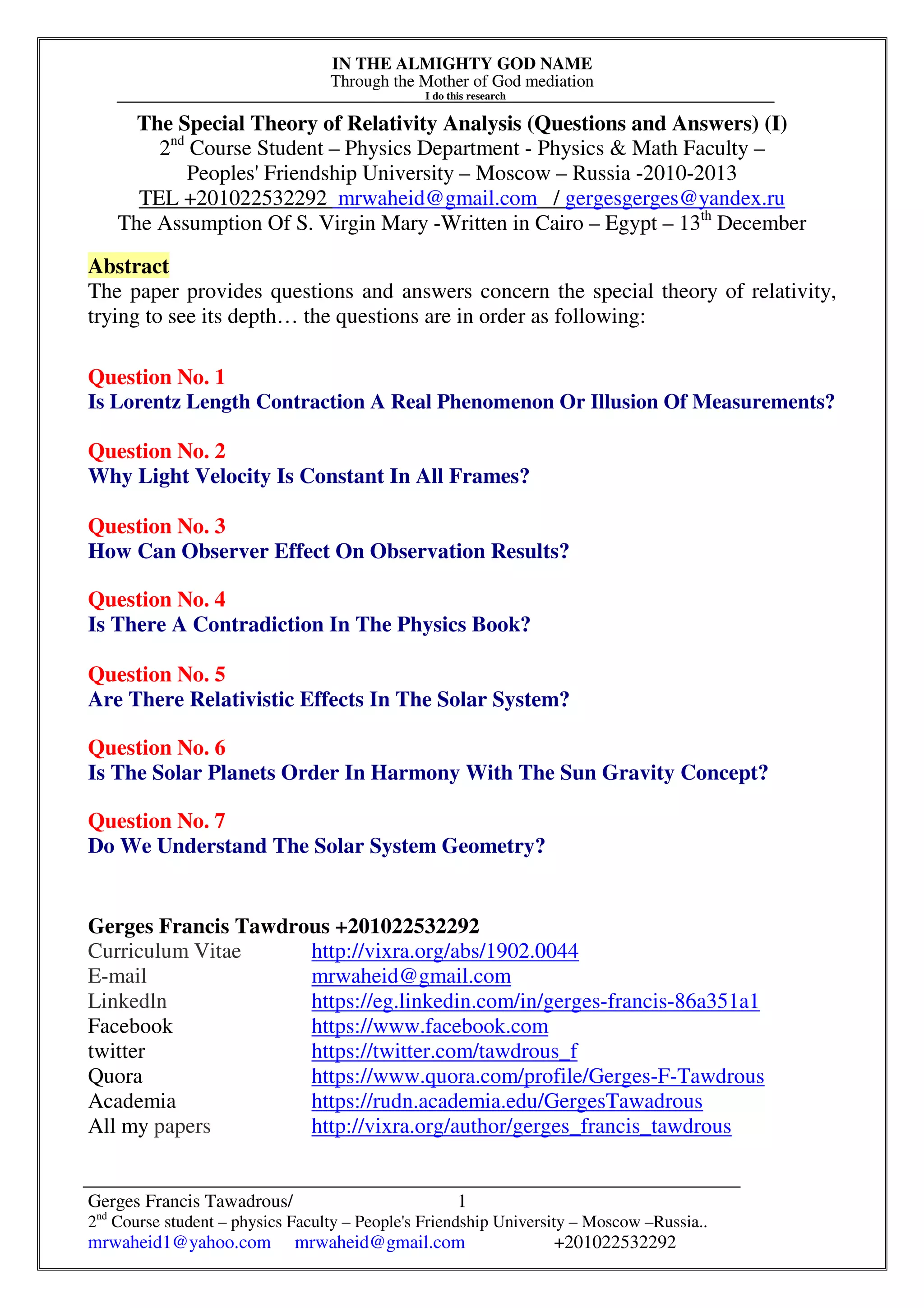 The Special Theory of Relativity Analysis (Questions and Answers) (I) | PDF
