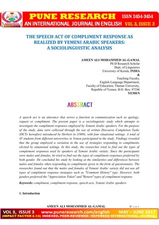 The speech act of compliment response as realized by yemeni arabic speakers; a sociolinguistic ...