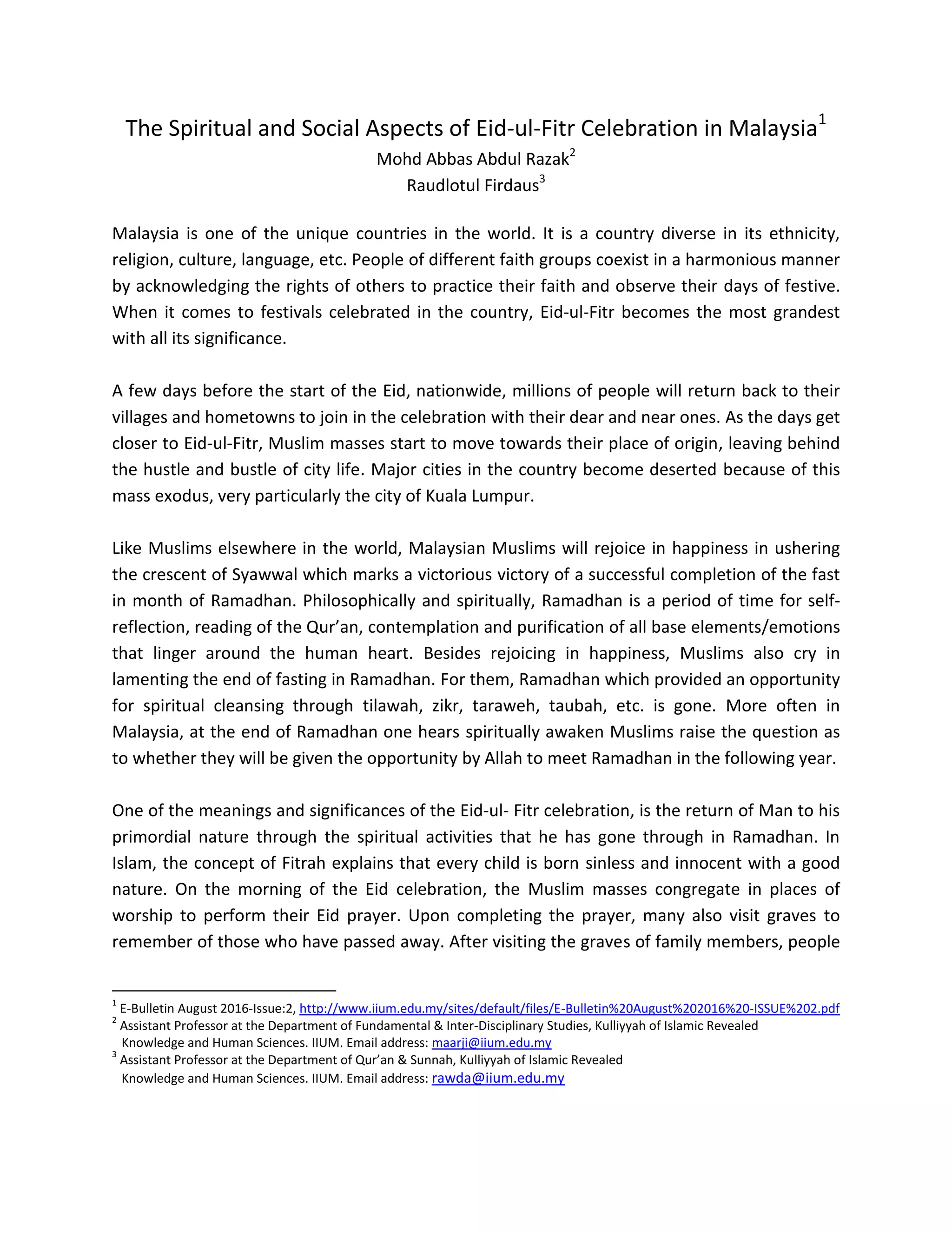The Spiritual and Social Aspects of Eid ul-Fitr Celebration in Malaysia ...