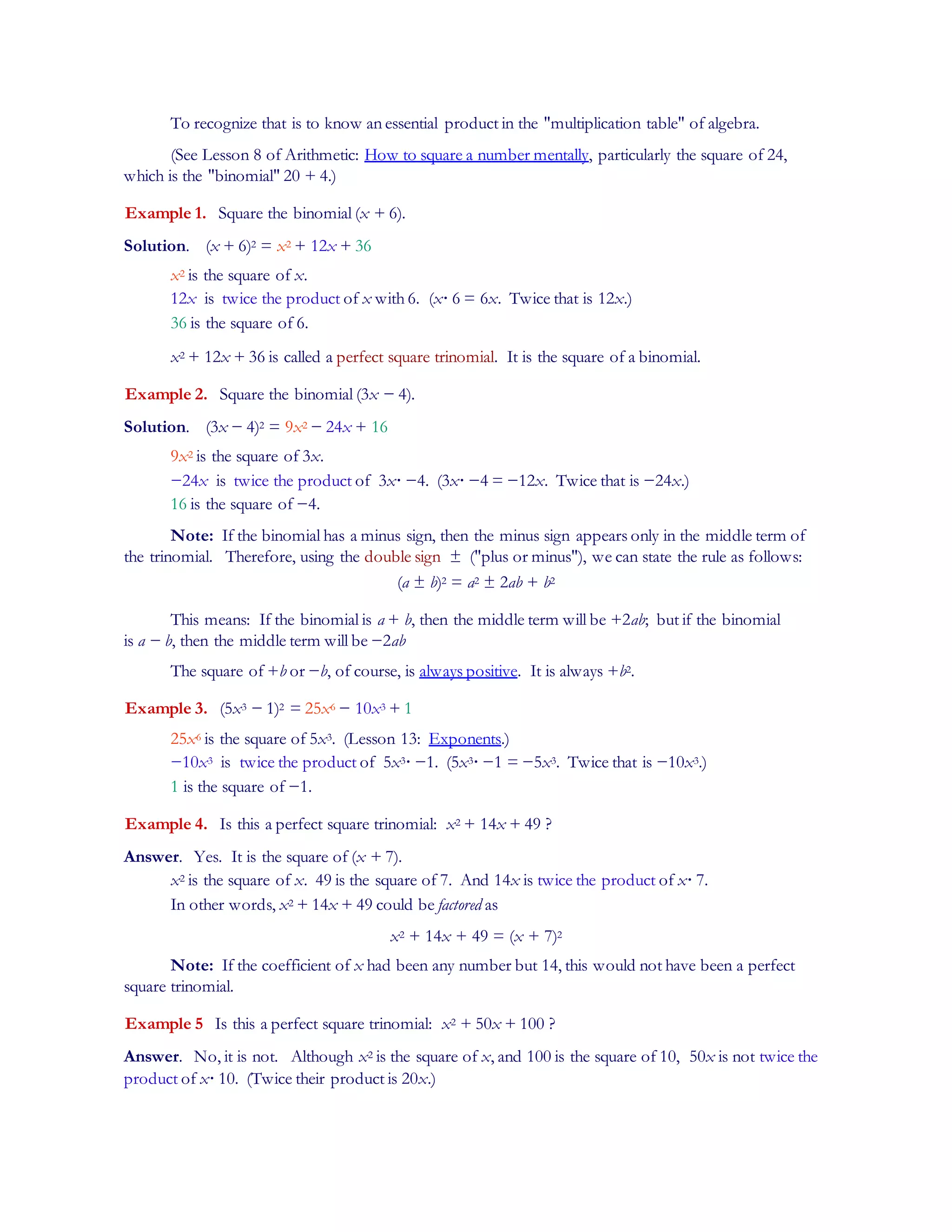 Perfect square of Binomials | DOCX