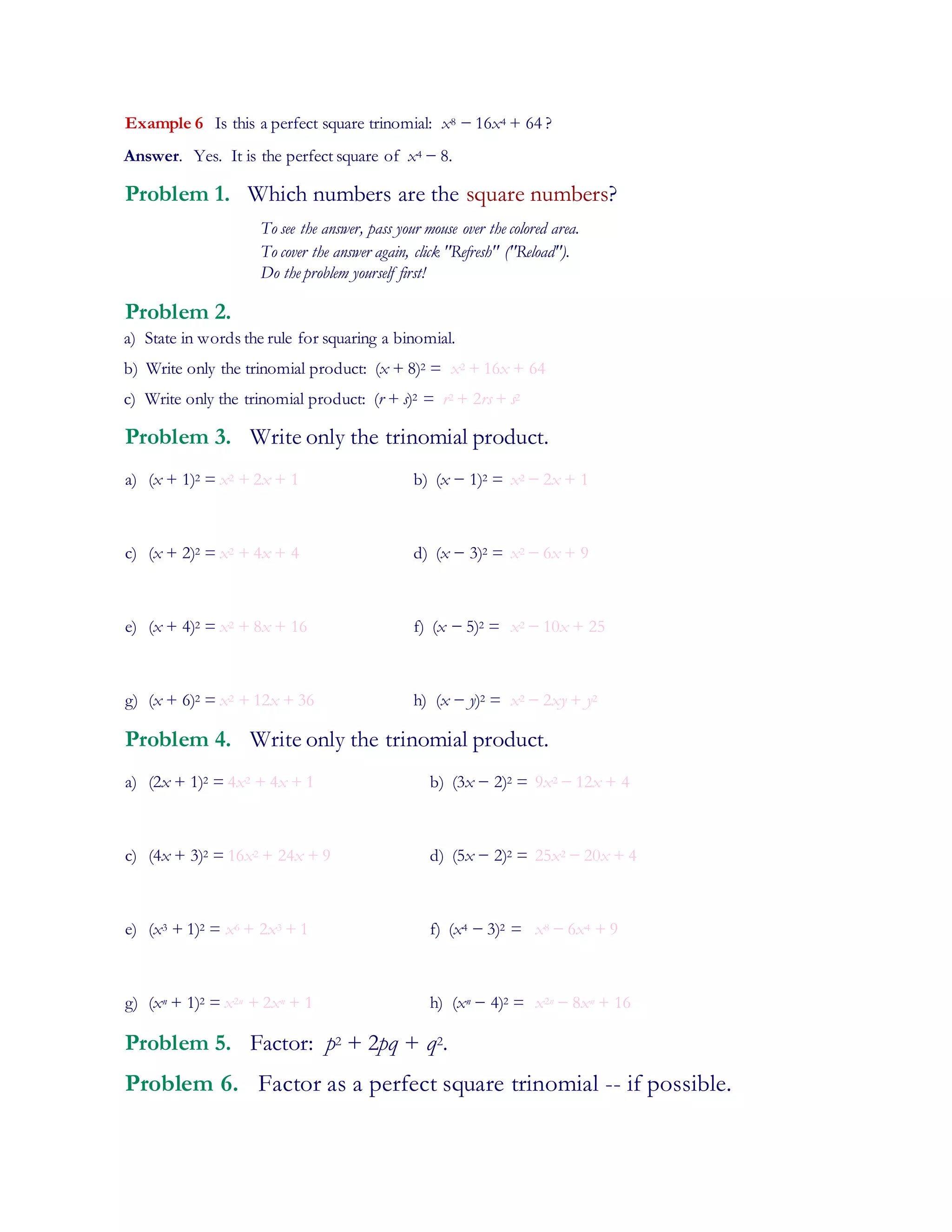 Perfect square of Binomials | DOCX