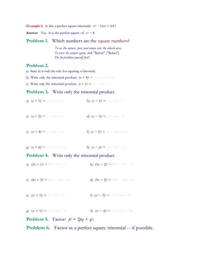 Perfect square of Binomials | DOCX | Physics | Science