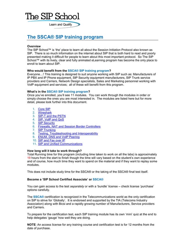 The ssca® sip training program course outline | PDF | Internet | Computing