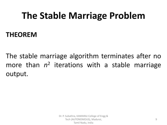 The stable marriage problem iterative improvement method | PPT