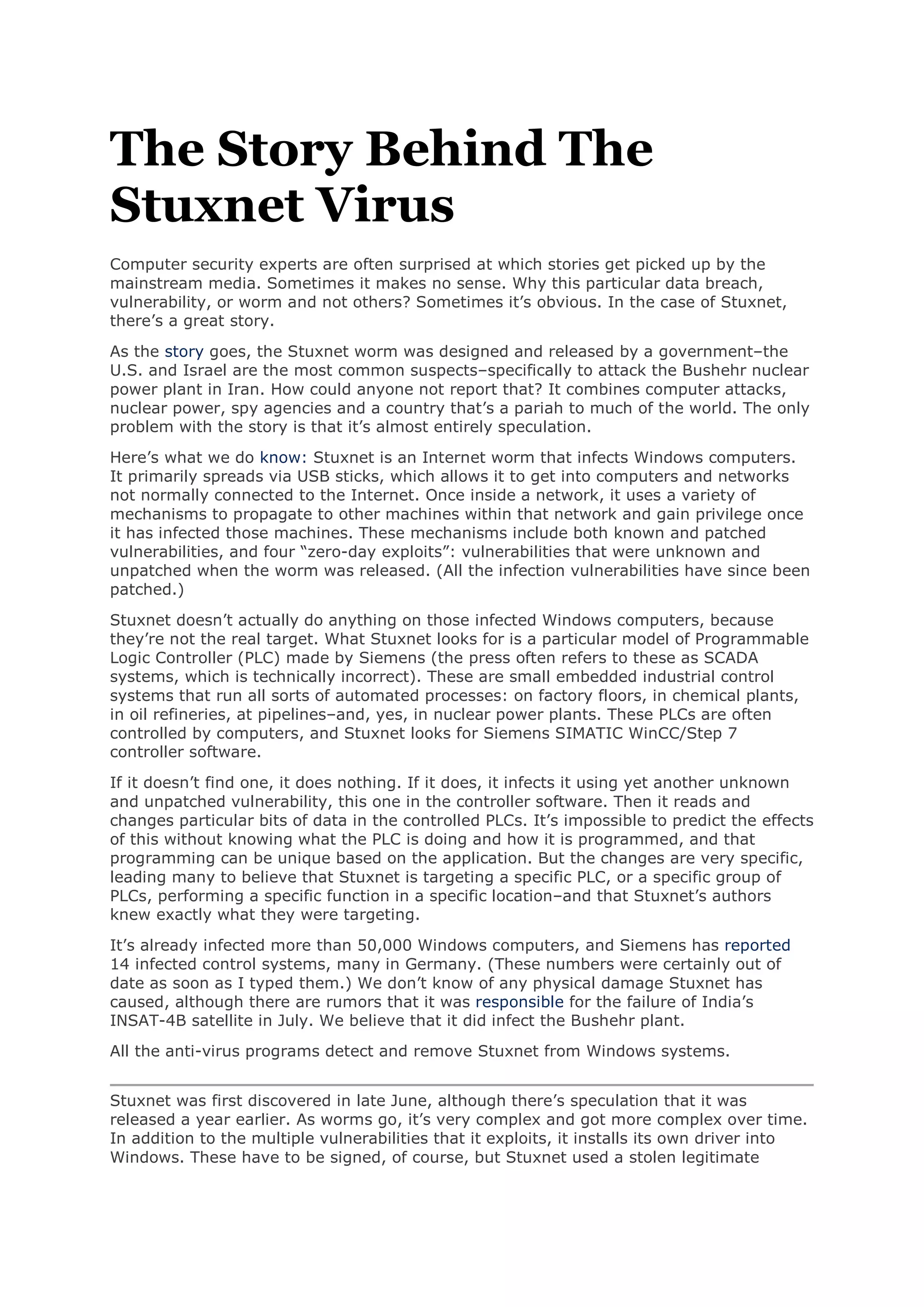 The story behind the stuxnet virus bruce schneier | PDF | Infectious ...