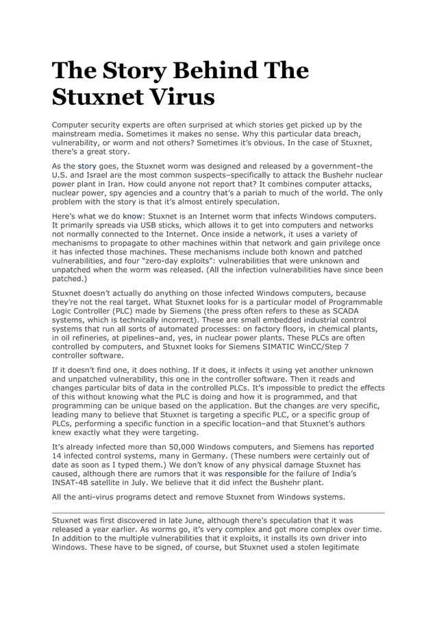 The story behind the stuxnet virus bruce schneier | PDF