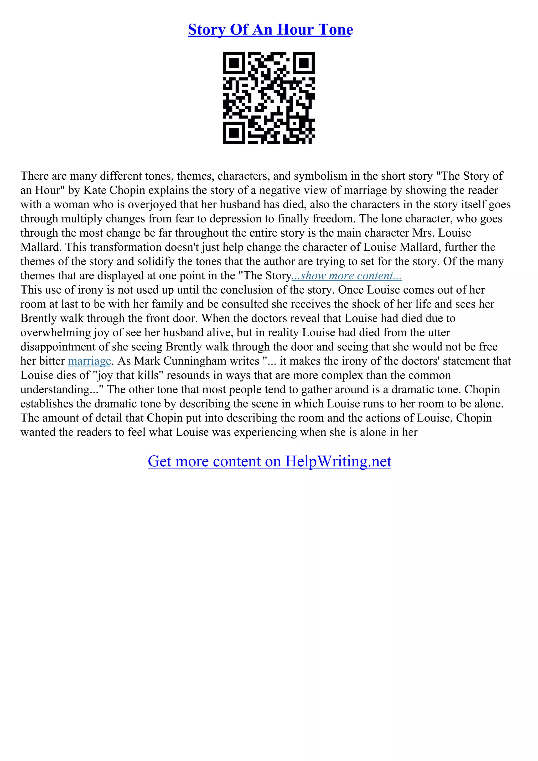 The Story Of An Hour Essay | PDF