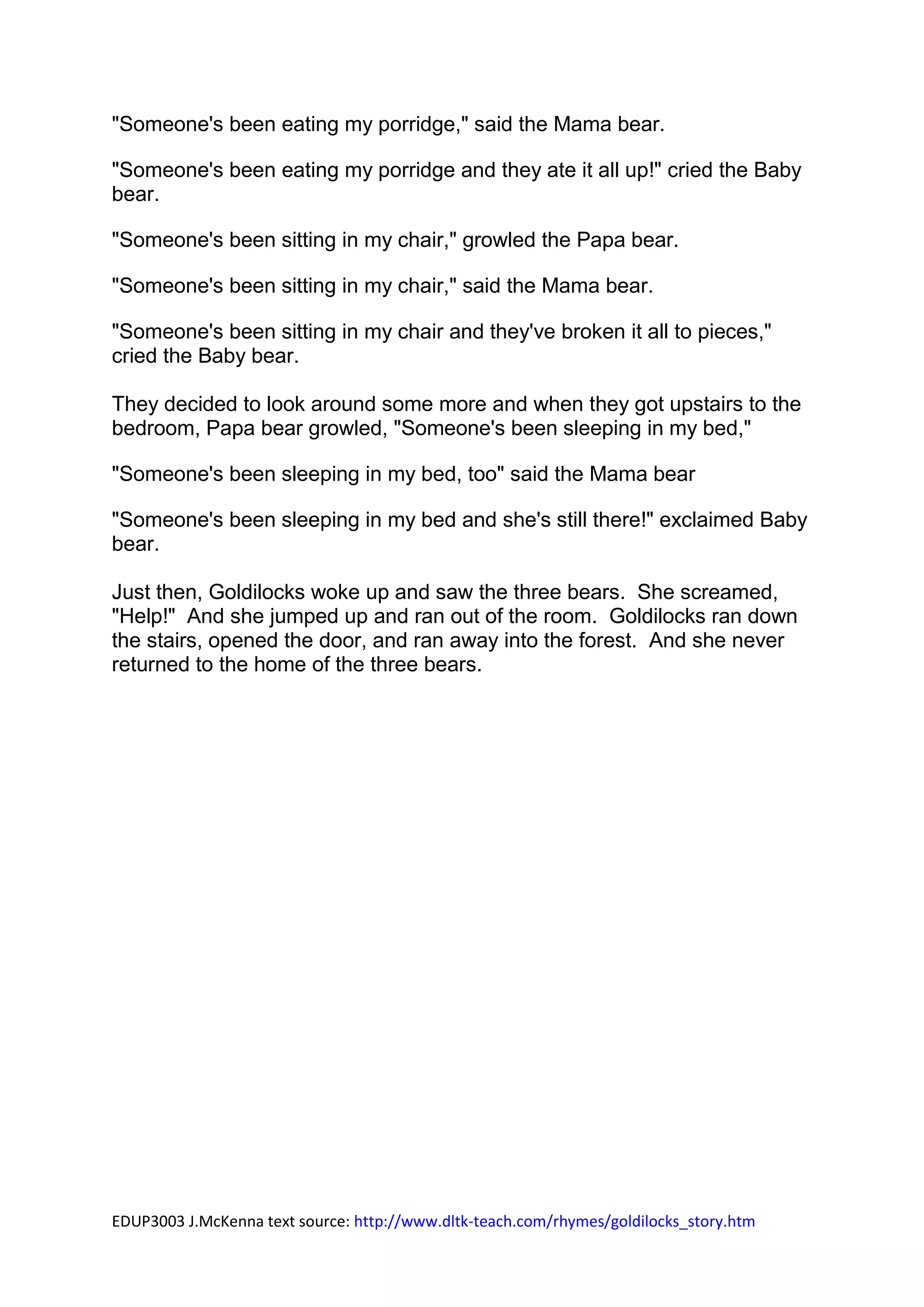 The story of goldilocks and the three bears pdf | PDF