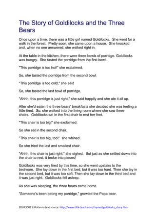 Goldilocks And The Three Bears Story Printable