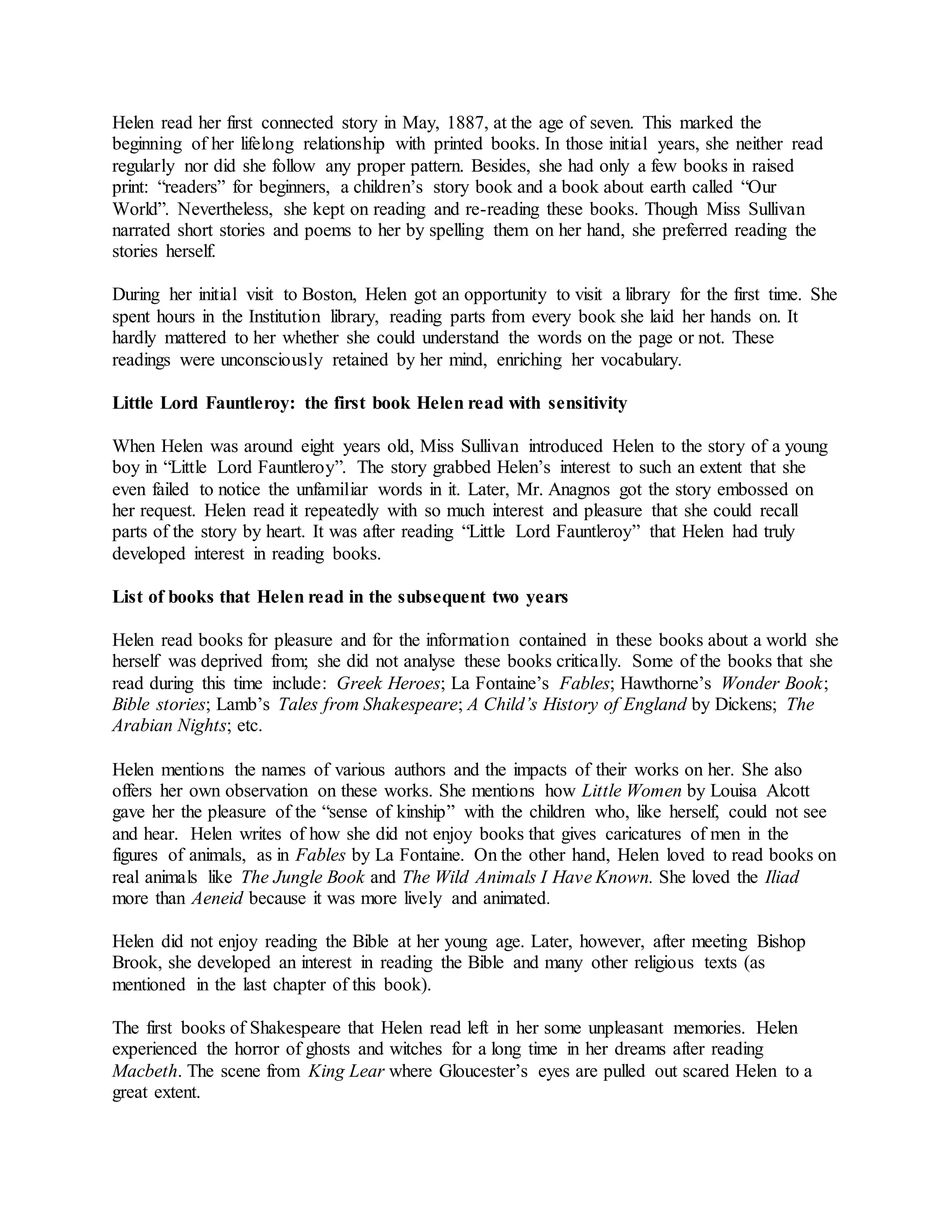 The story of my life by helen keller summary | DOCX
