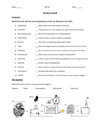 The Story of Stuff- Comprehension Handout | DOC