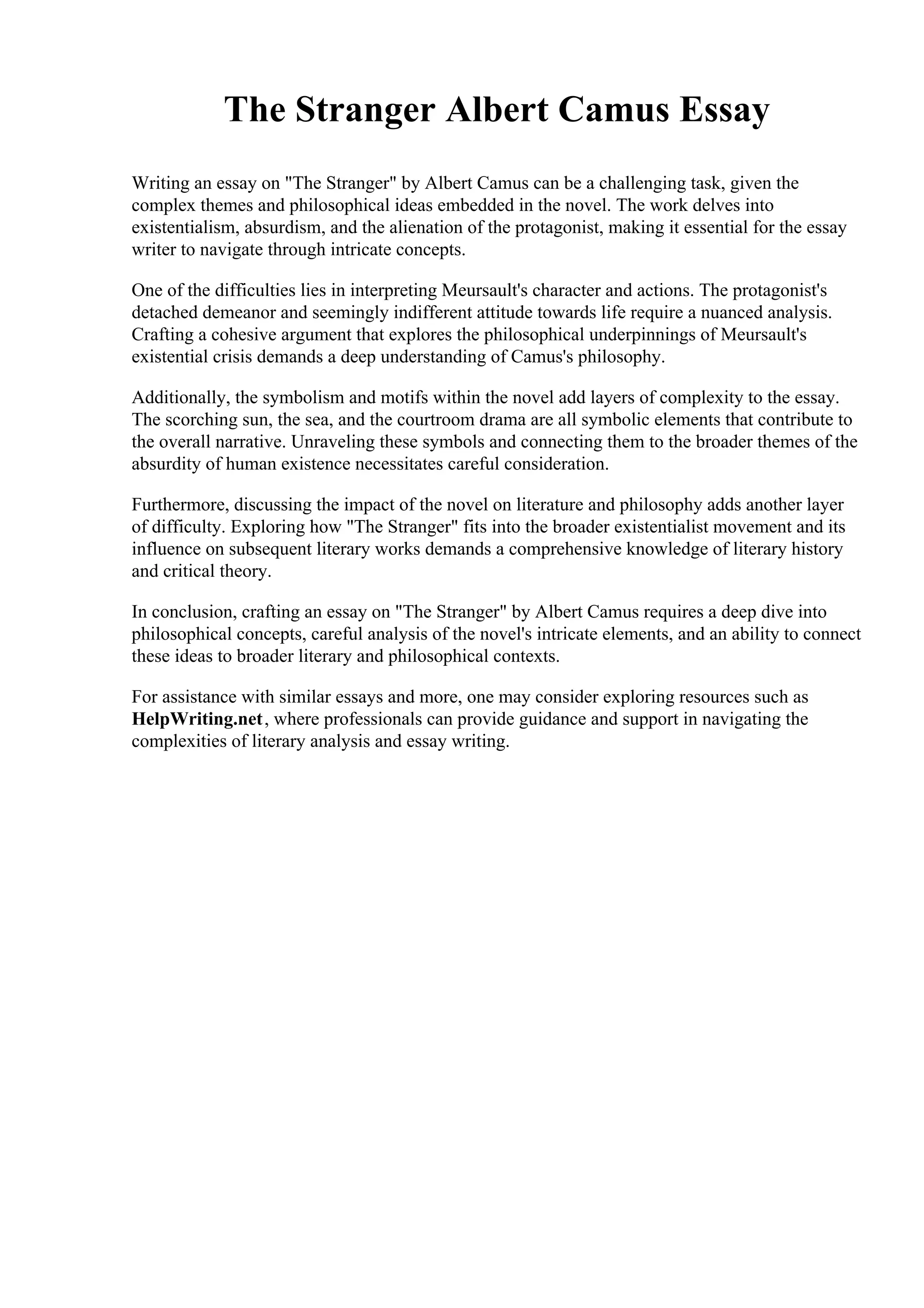 The Stranger Albert Camus Essay. Mid-America College of Funeral Service ...