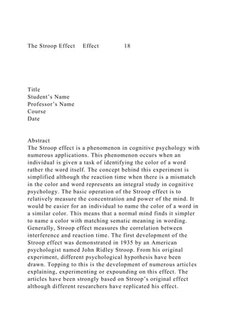 The Stroop EffectEffect18TitleStudent’s NamePro.docx | Brain and ...