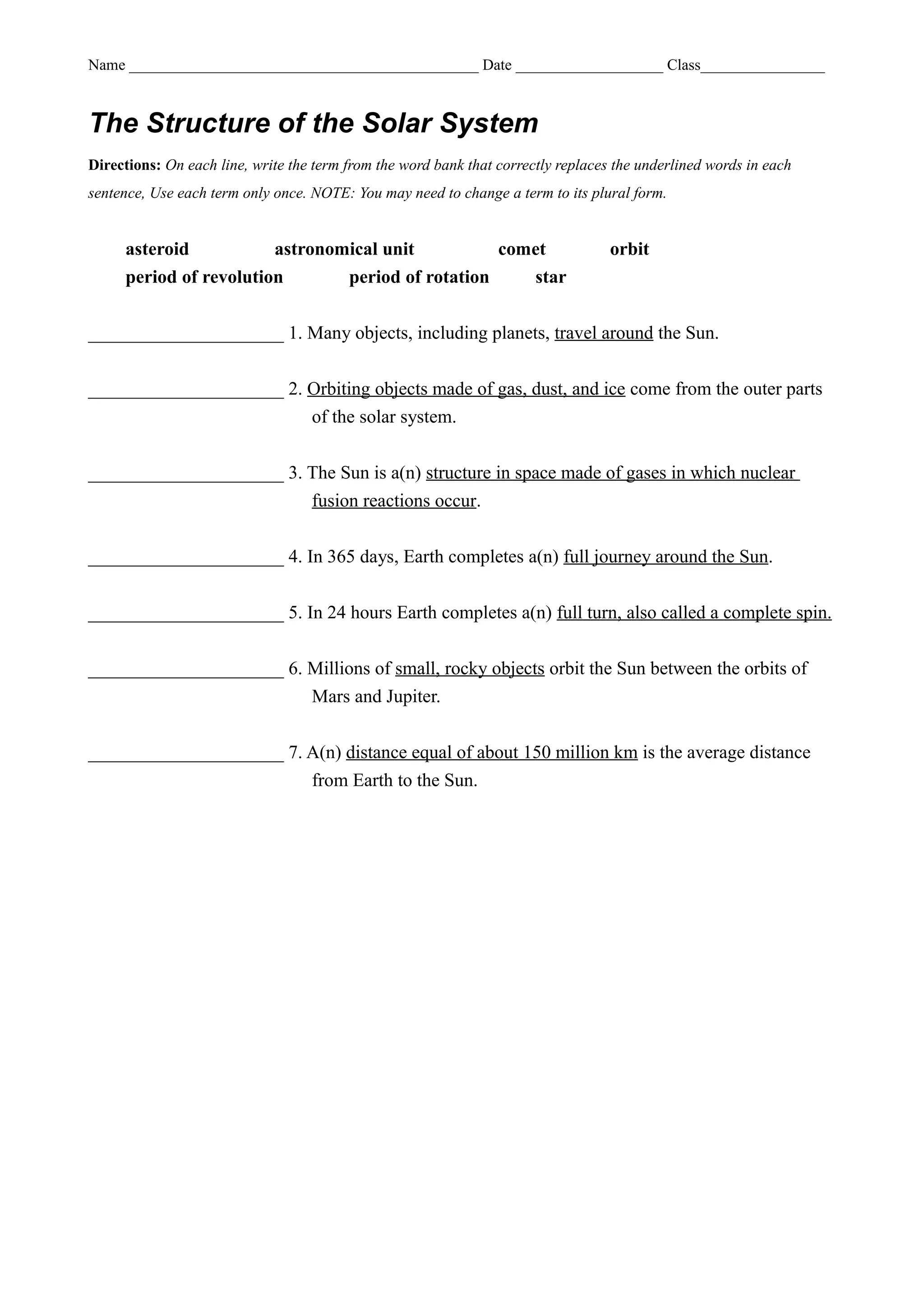 The Structure of the Solar System Worksheet | DOC