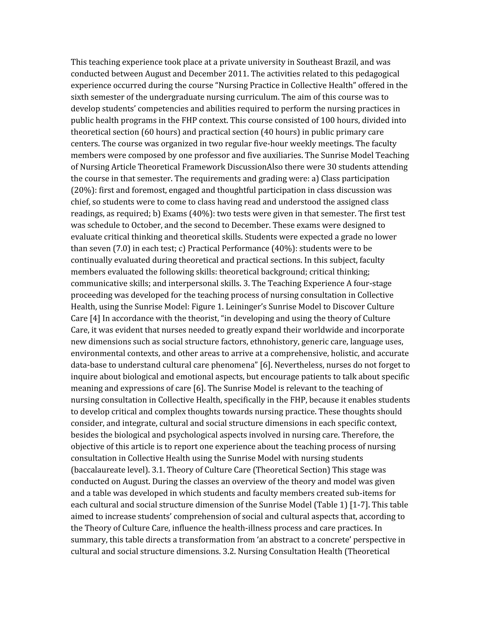 The Sunrise Model Teaching of Nursing Article Theoretical Framework ...