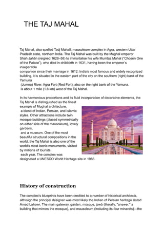 Taj Mahal History In English