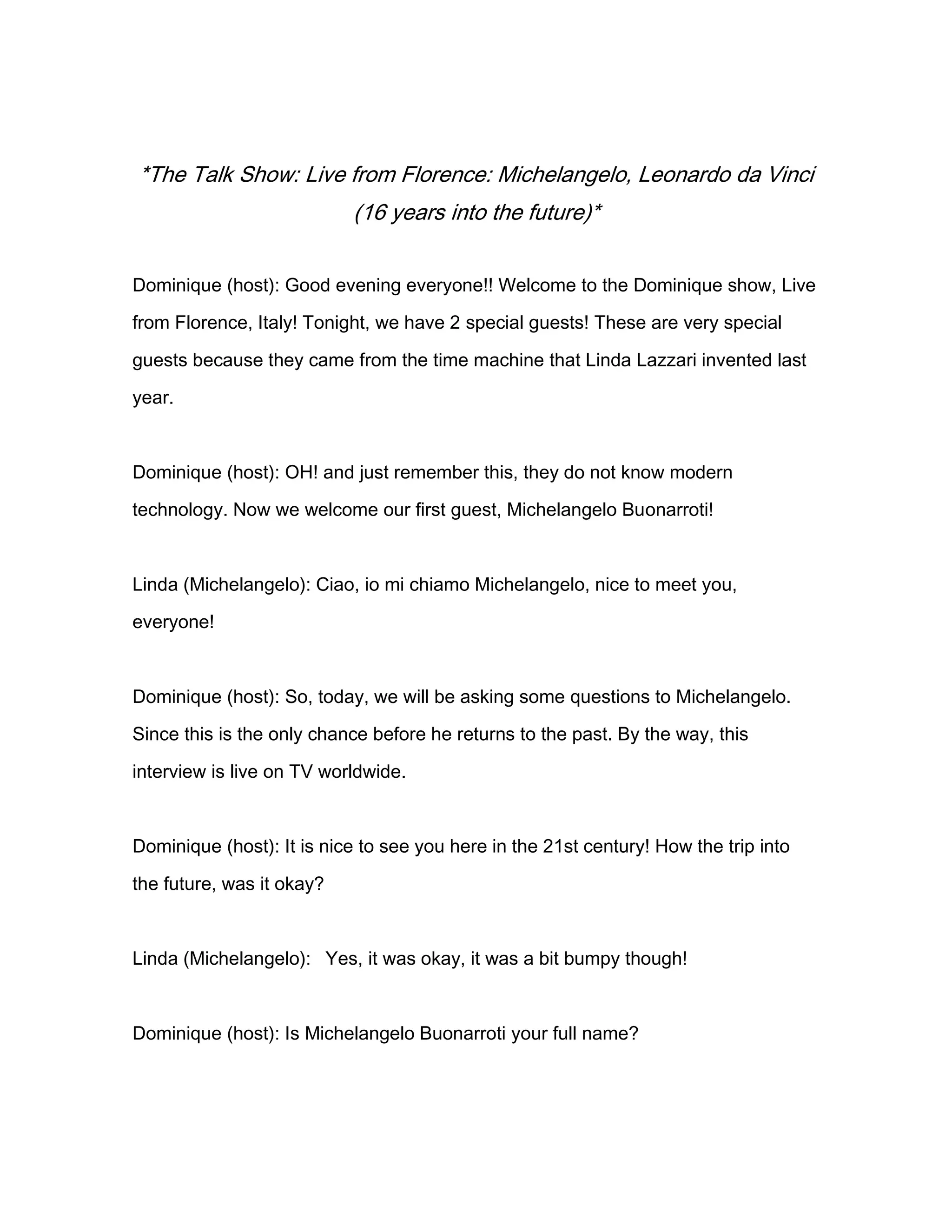 Live from Florence Talk Show Script | DOCX