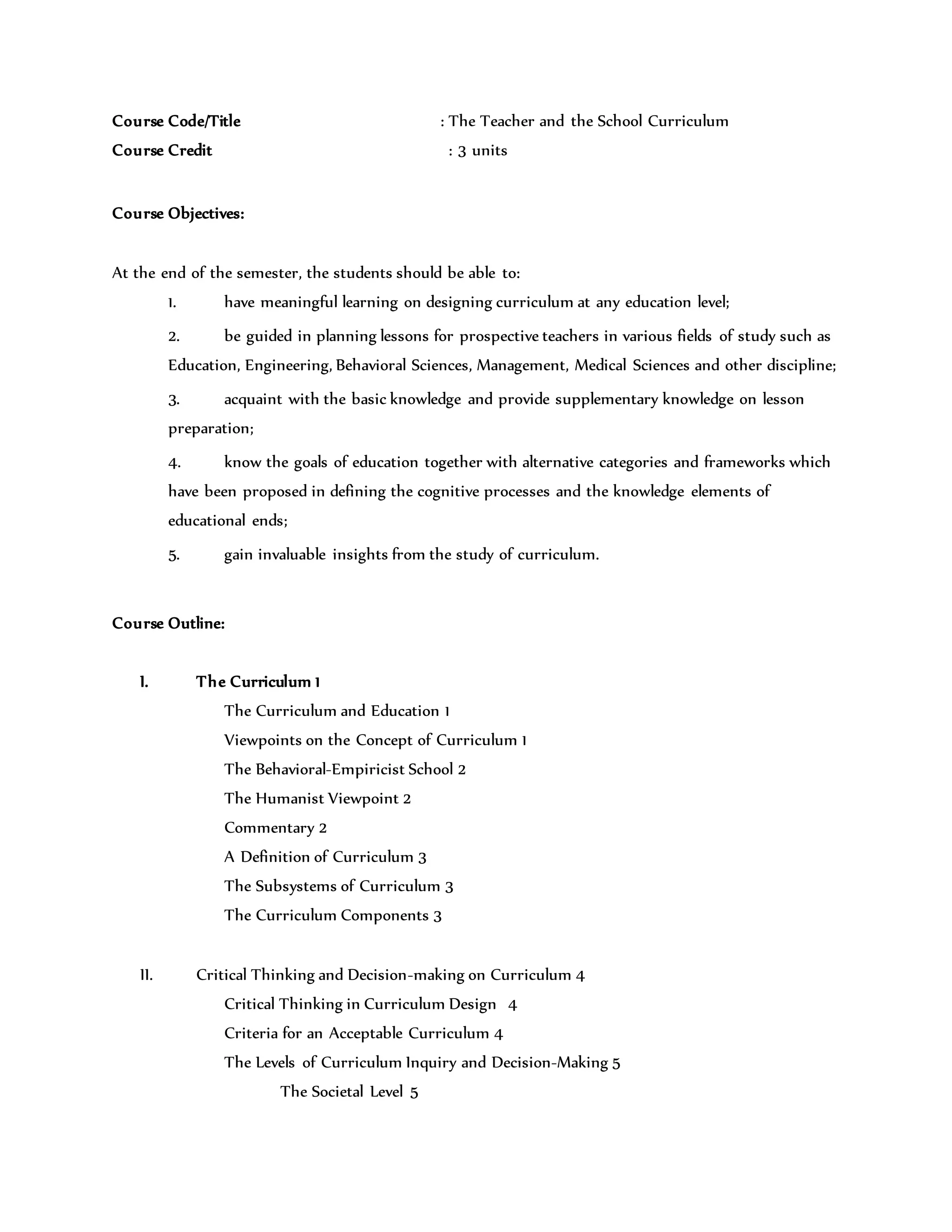 The teacher and the school curriculum syllabus outline | DOCX