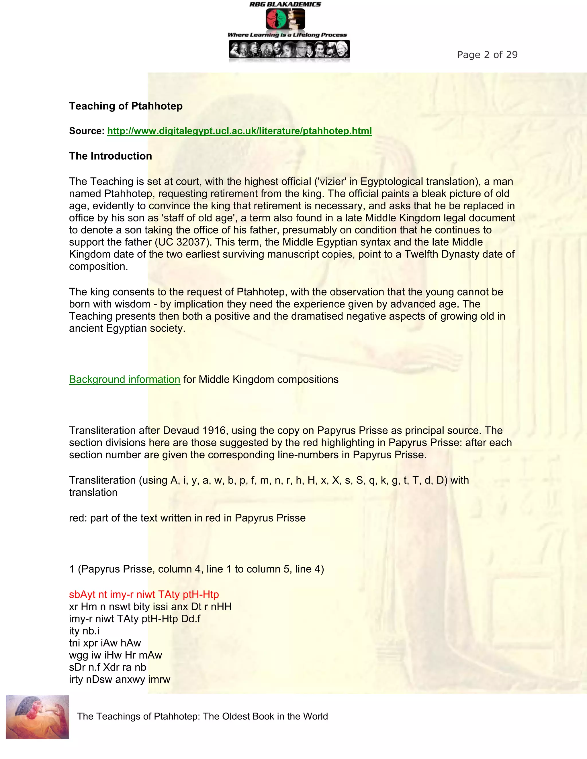 The Teachings of Ptahhotep- The Oldest Book in the World | PDF