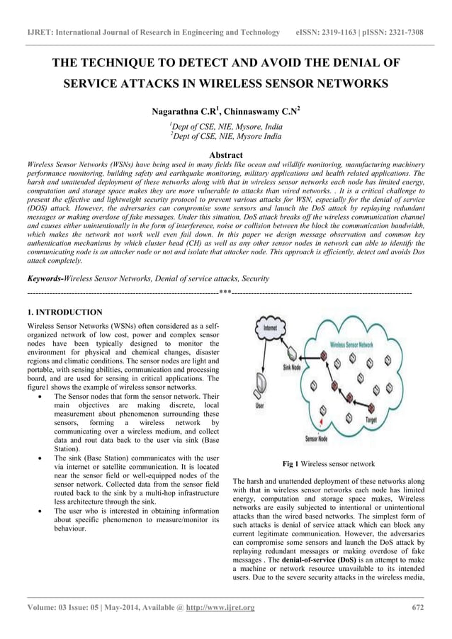 The Technique To Detect And Avoid The Denial Of Service Attacks In Wireless Sensor Networks Pdf